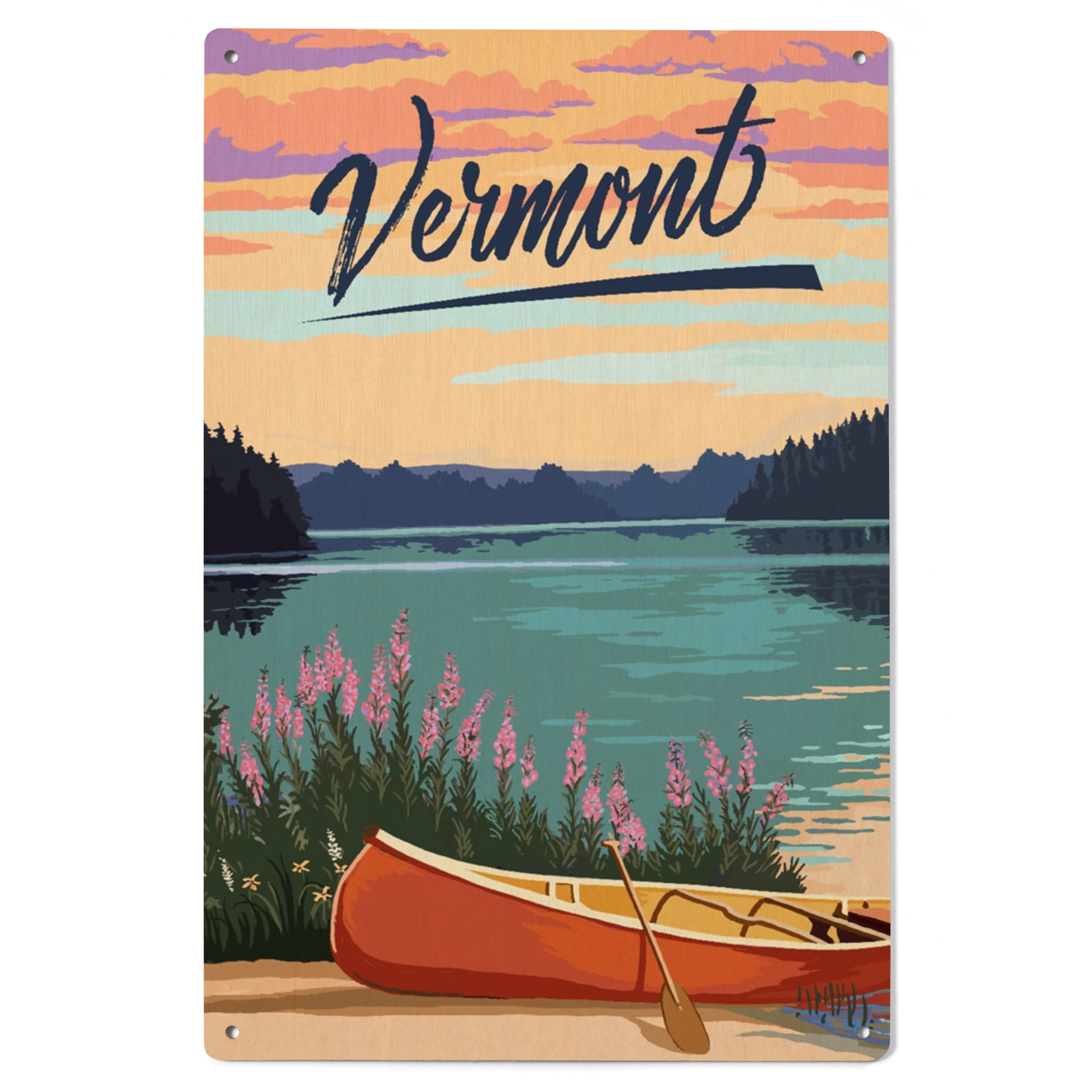 Vermont, Canoe and Lake Scene Birch Wood Wall Sign (6x9 Rustic Home ...