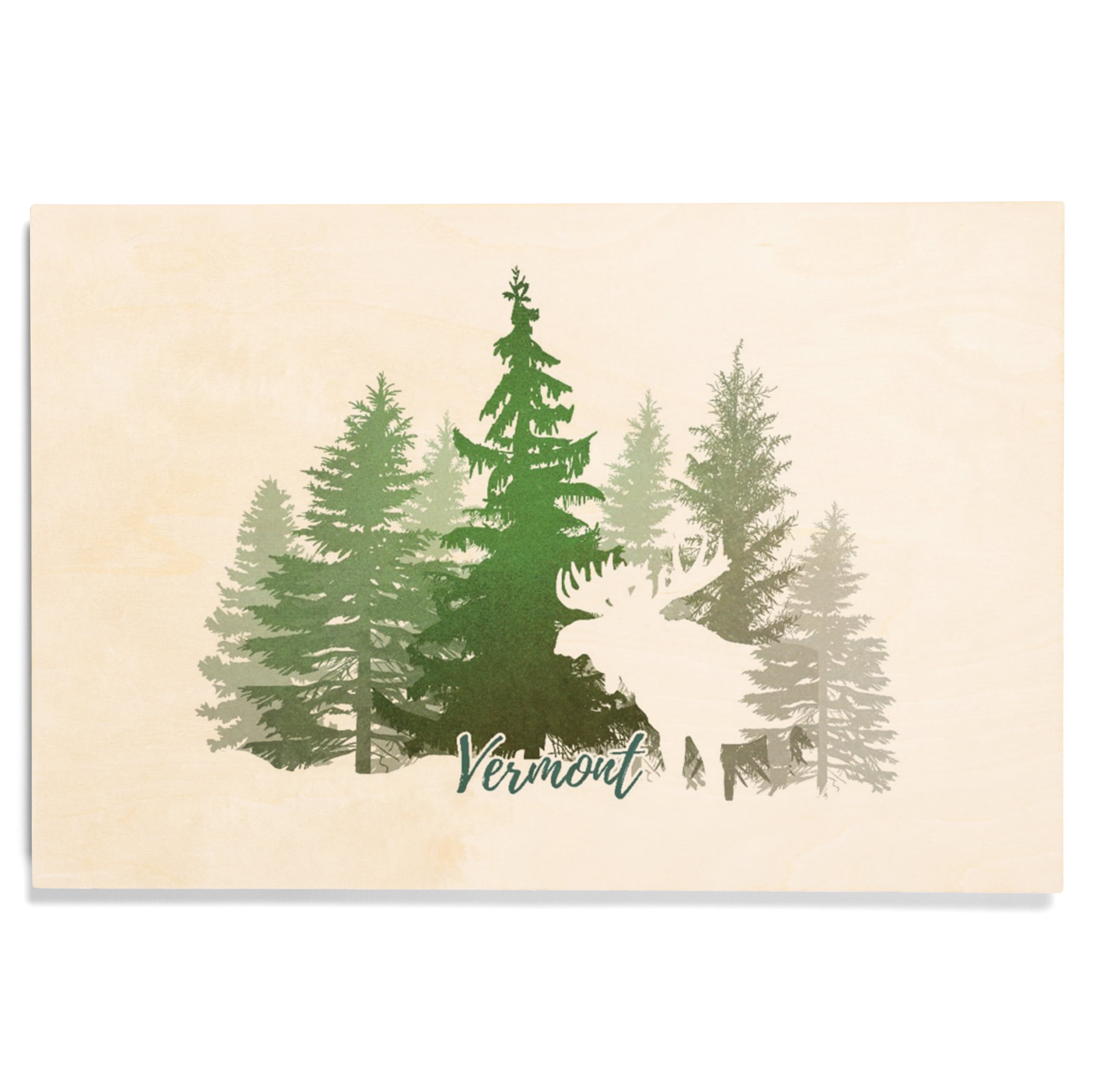 Vermont, Moose and Mountains, Green Tones Birch Wood Wall Sign (12x18 ...
