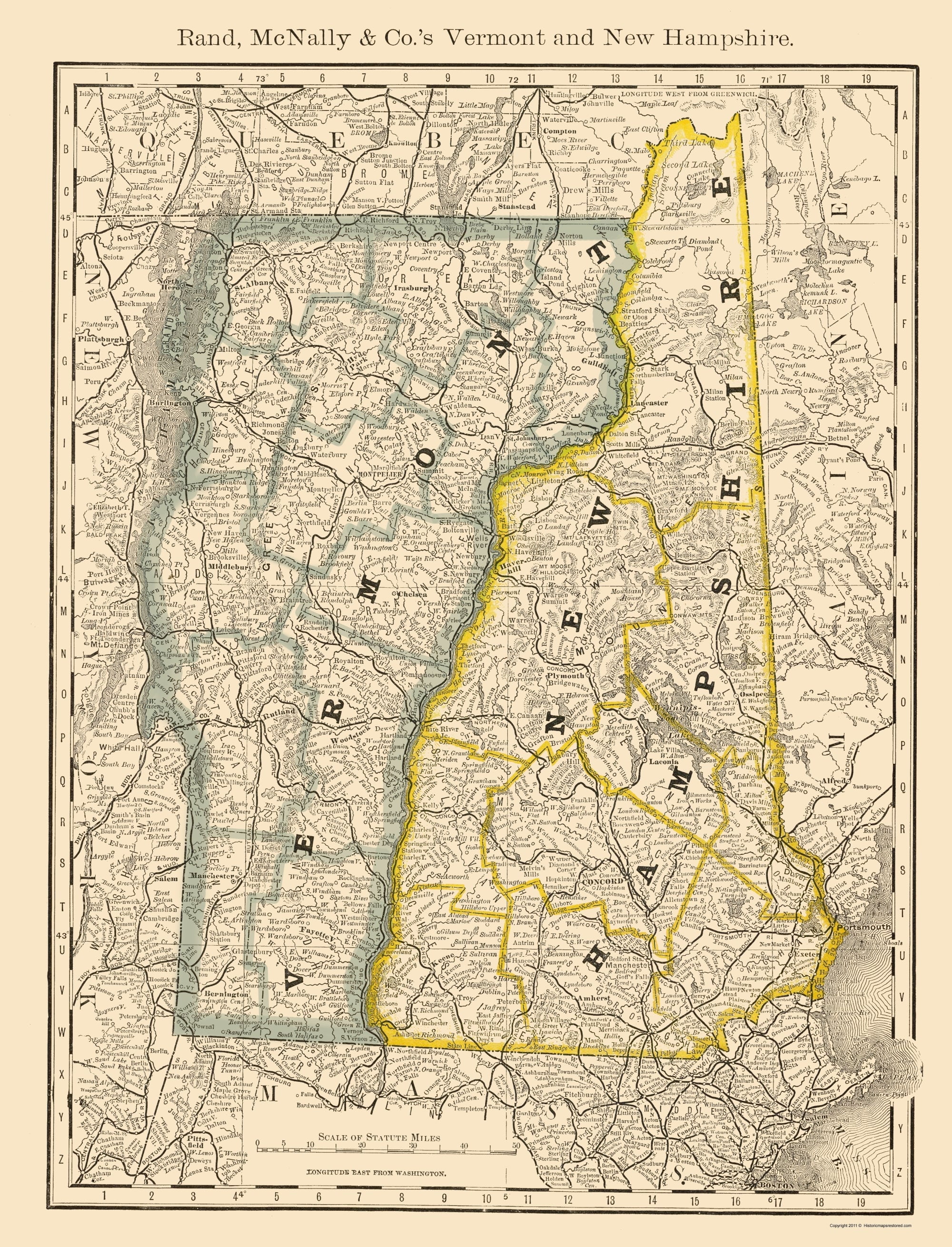 Historic State Map - Vermont New Hampshire - Rand McNally 1879 - 23 x ...