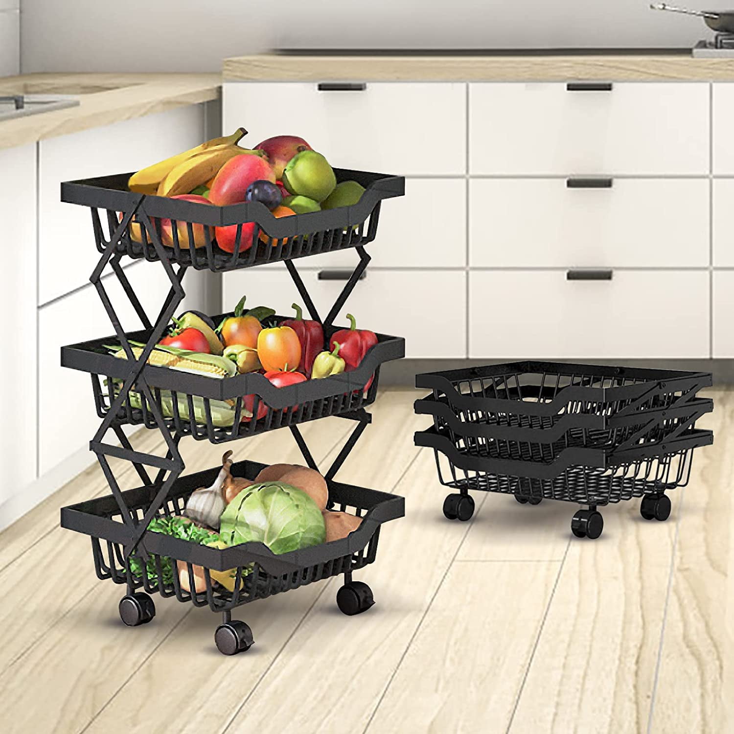 3 Tier Fruit & Veggie Basket Stand with Wheels - Foldable Kitchen ...