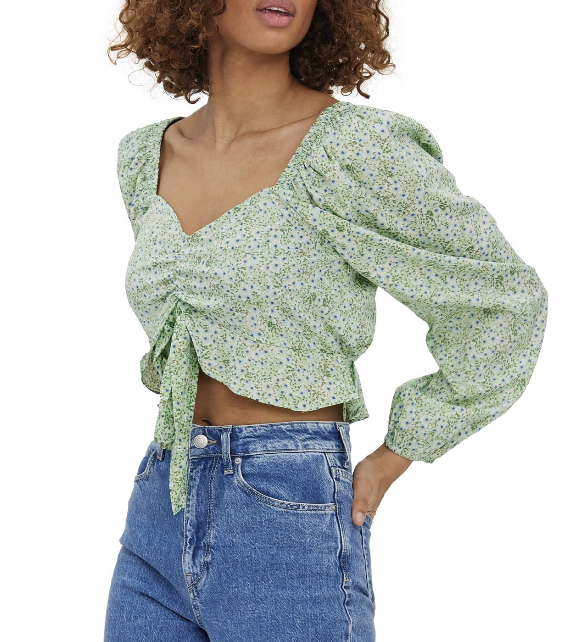 Vero Moda Women's Henna Floral Cropped Tie Front Top Green Holl (Green ...