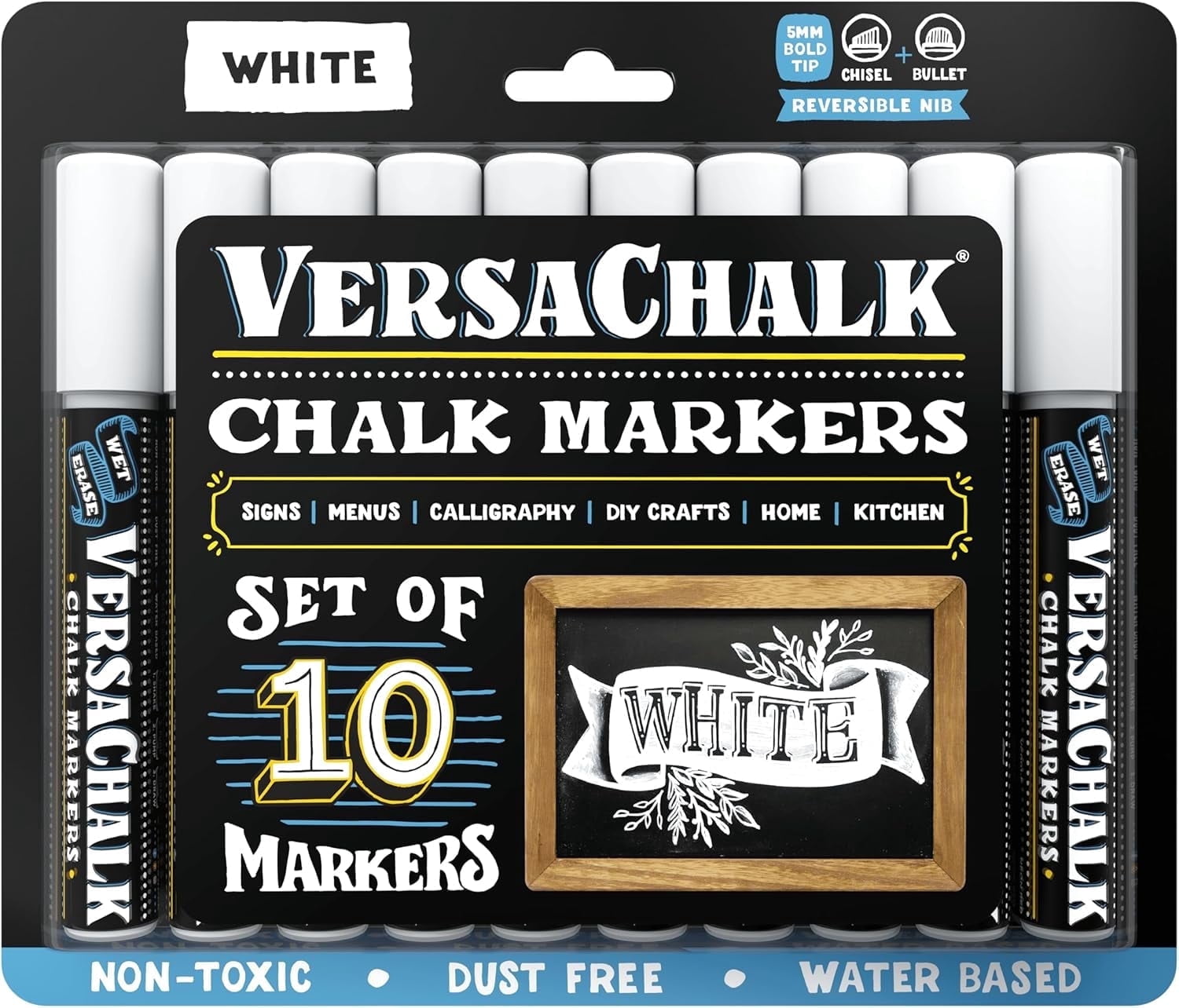 VersaChalk White Chalk Markers, 10-Pack, 3mm Fine Tip, Wet-Erase, Non ...