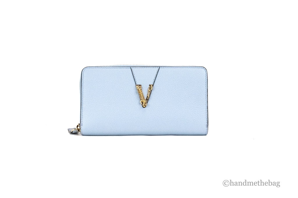 Versace Large Cornflower Grainy Leather Gold Monogram Zip Around Clutch ...