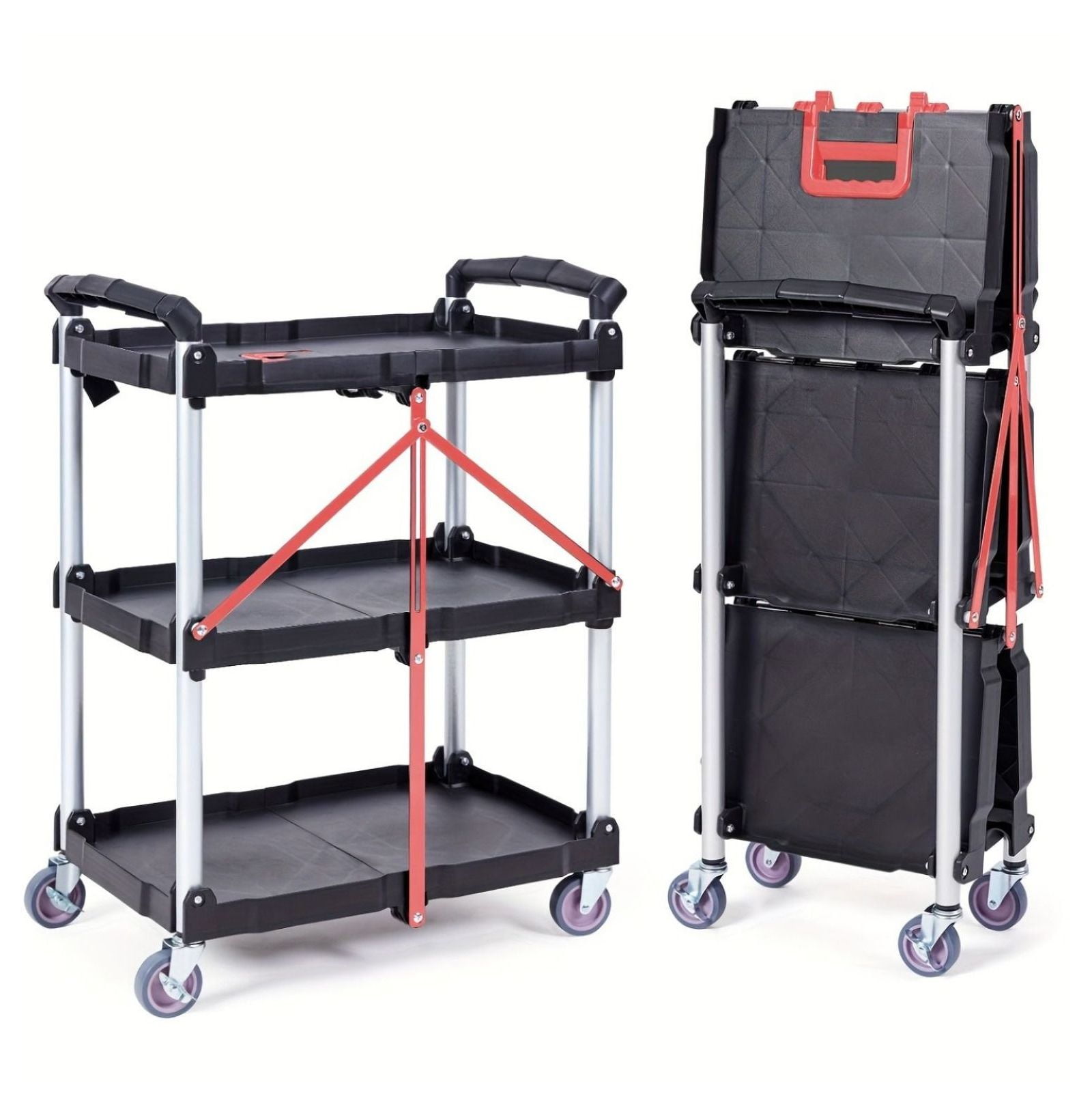 Versatile 3-Tier Foldable Cart with Locking Wheels - Portable 3-Tier ...