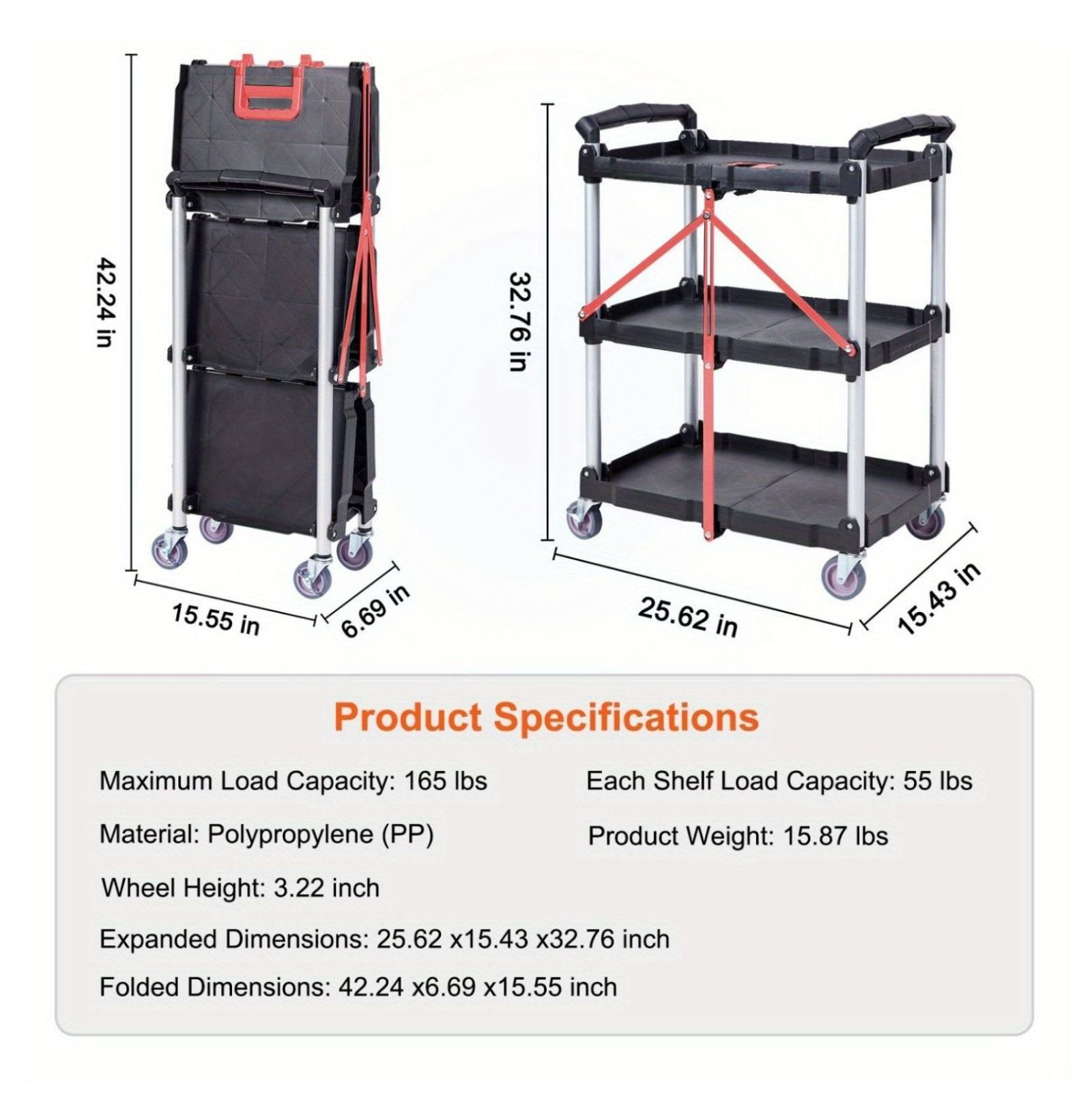 Versatile 3-Tier Foldable Cart with Locking Wheels - Portable 3-Tier ...