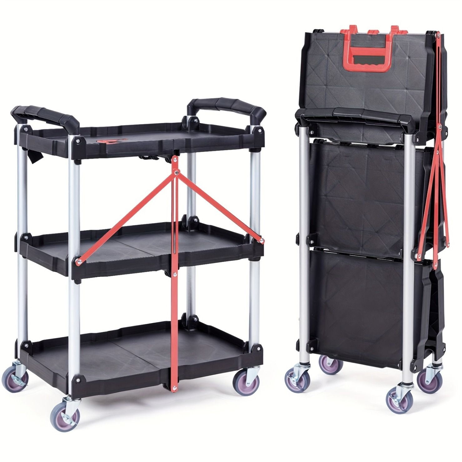 Versatile 3-Tier Foldable Cart with Locking Wheels - Portable 3-Tier ...