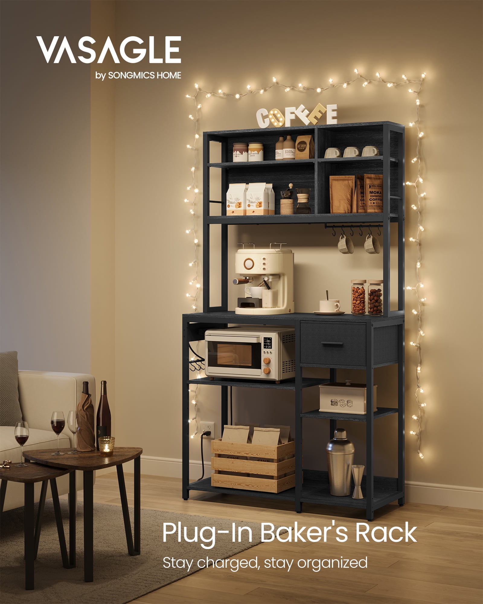 Versatile Bakers Rack with USB Charging Station, Adjustable Shelves ...