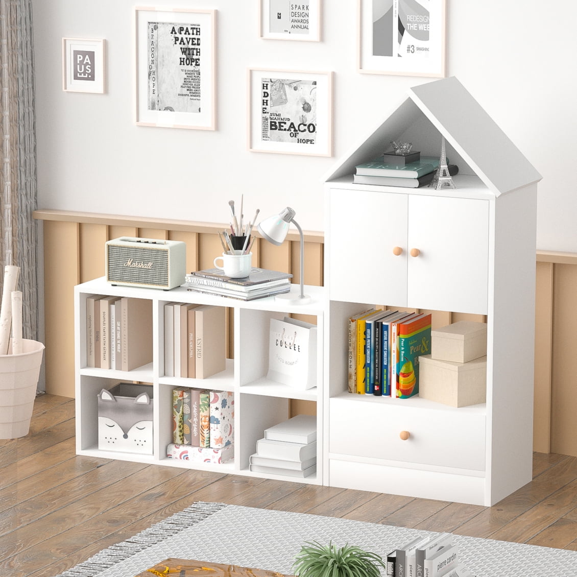 Versatile Bookshelf with House-Shaped Design, Multi-functional Storage ...
