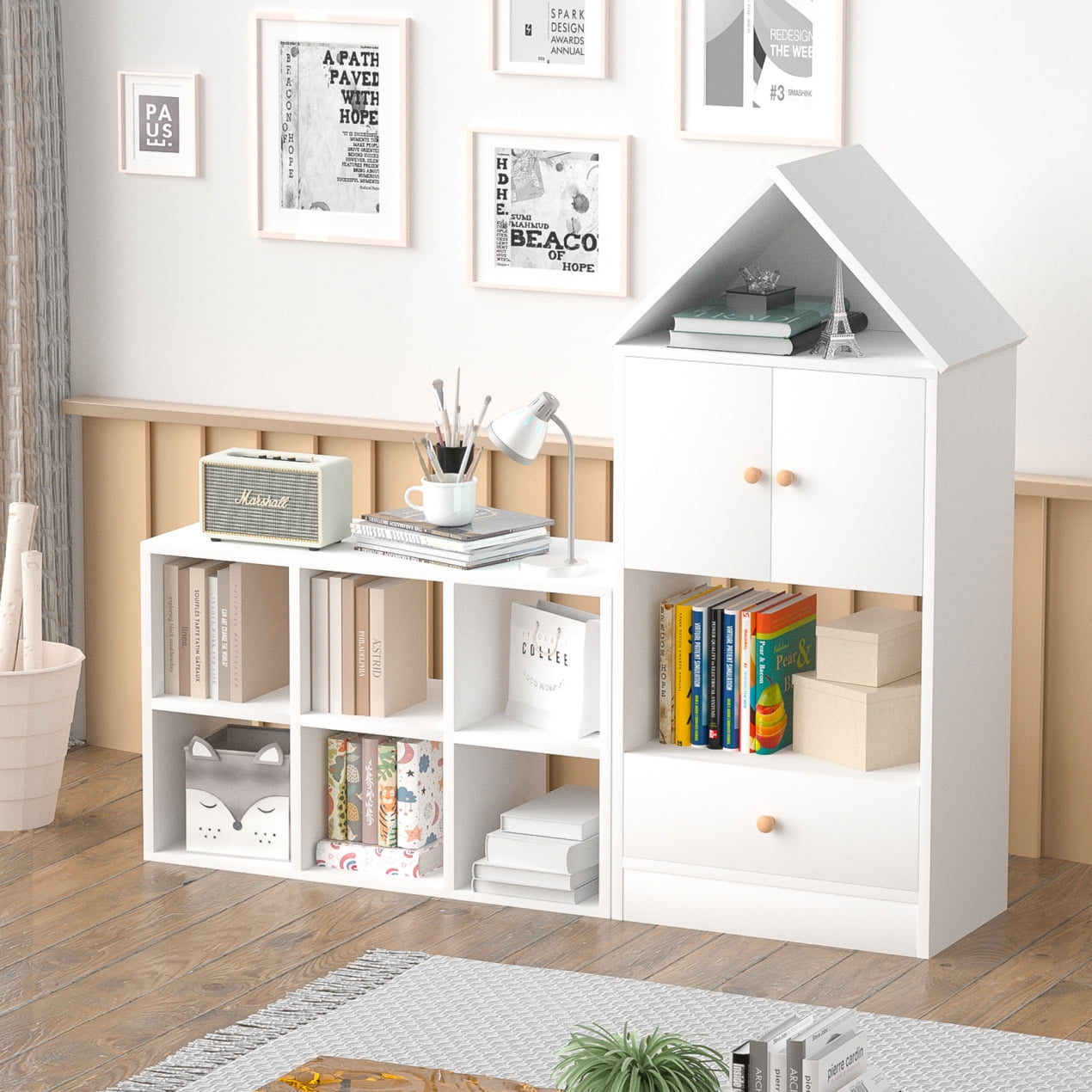 Versatile Children's Bookshelf, Modern Bookcase with House-Shaped ...