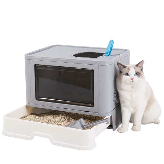BingoPaw Large Foldable Cat Litter Box with Scoop Toilet Drawer, Gray ...