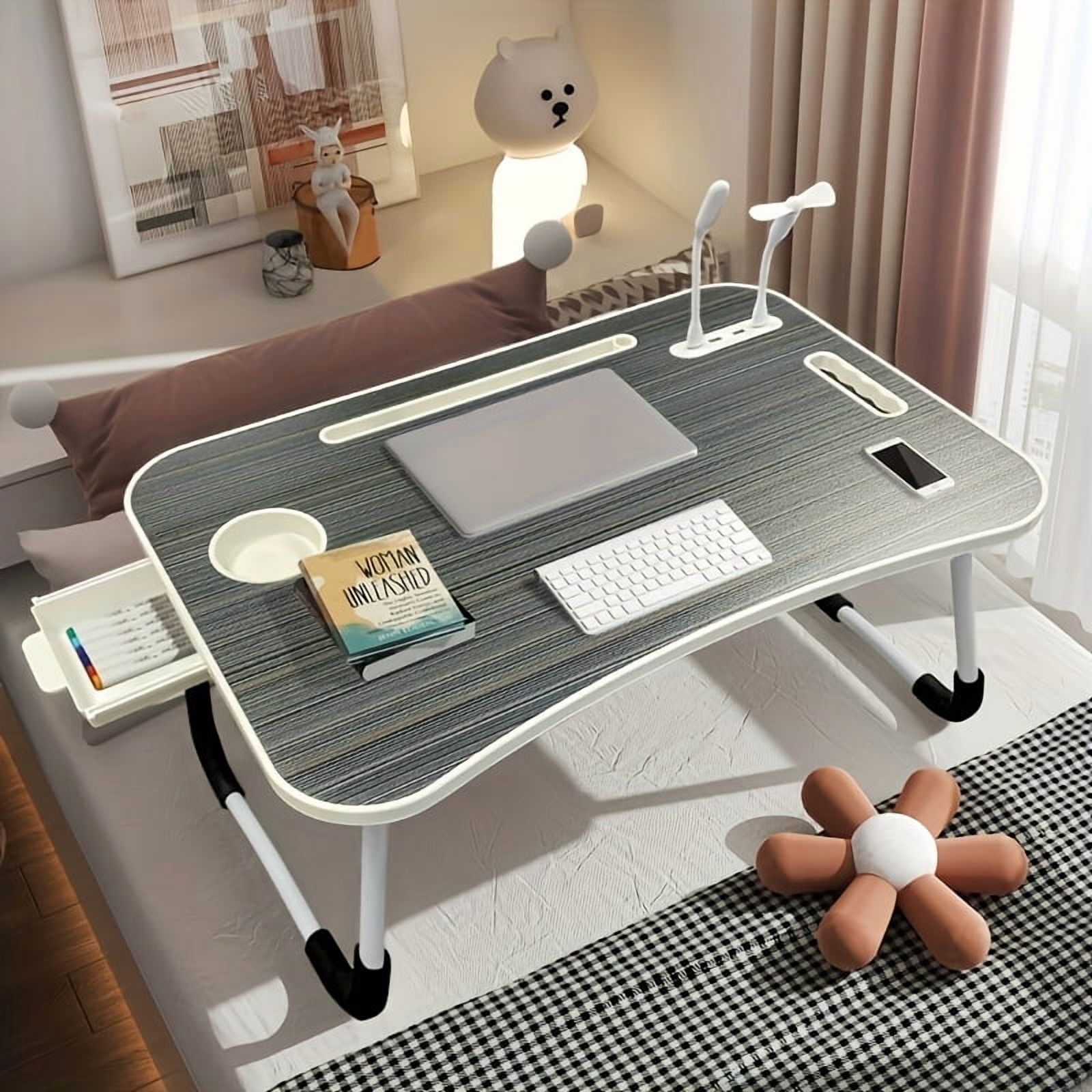 Versatile Ergonomic Folding Tray Desk with Cup Holder, Drawer, and Lamp ...