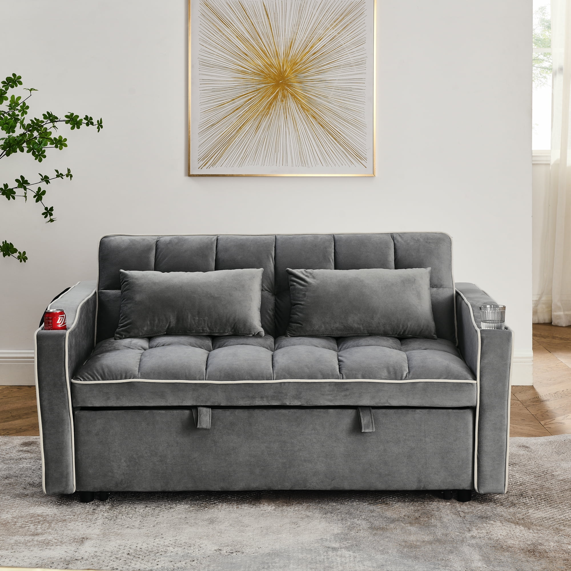 Versatile Foldable Sofa Bed Velvet Pull-Out Adjustable Back & USB Port ...