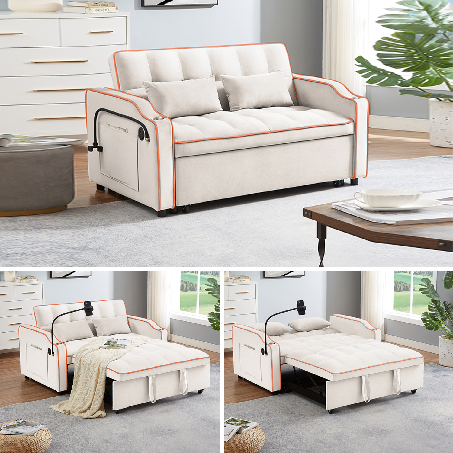 Versatile Foldable Sofa Bed with USB Port, Swivel Phone Stand, and ...