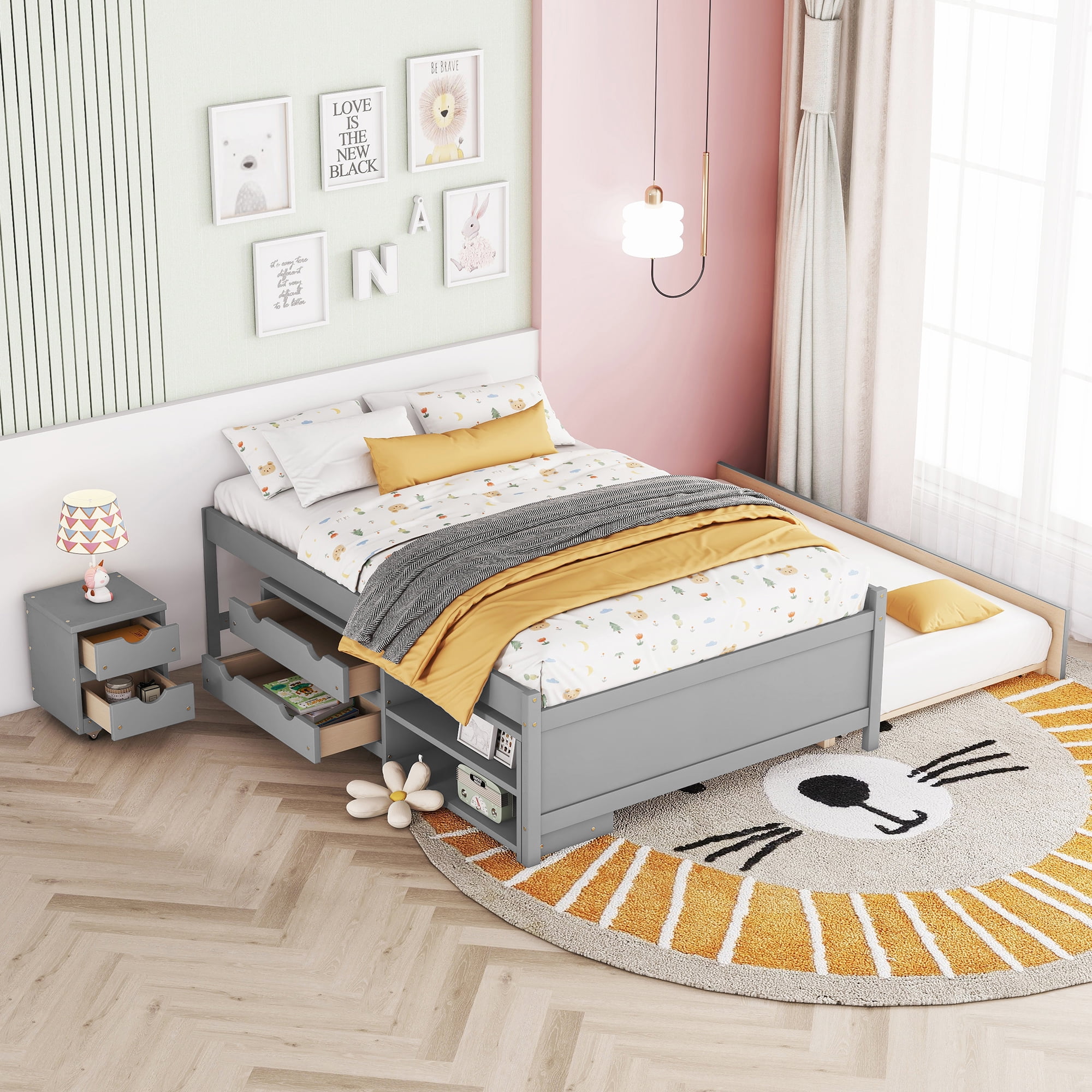 Versatile Full Bed with Trundle,Under bed Storage Box and Nightstand ...