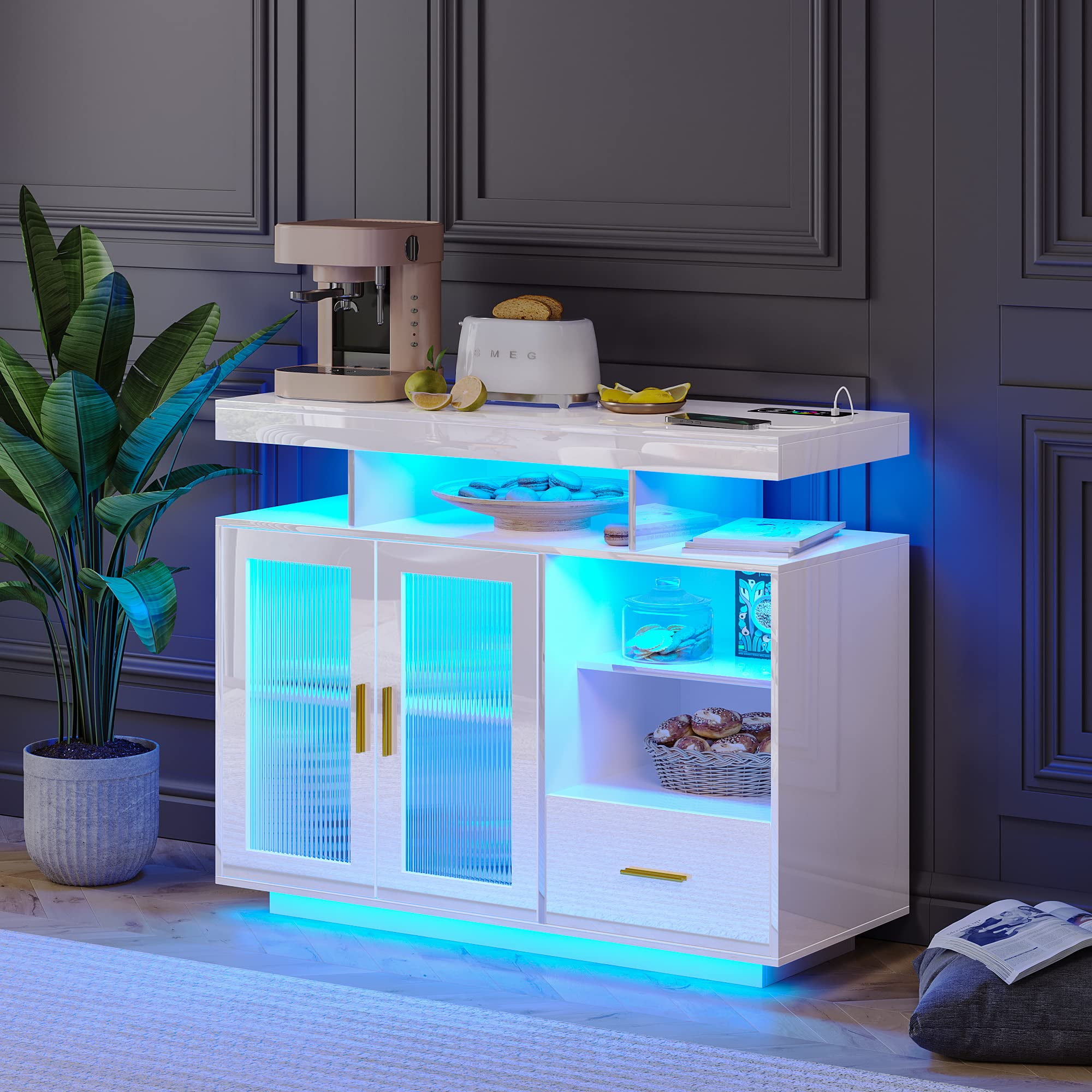 Versatile LED Sideboard with Wireless Charging, RGB Sensor Lighting ...