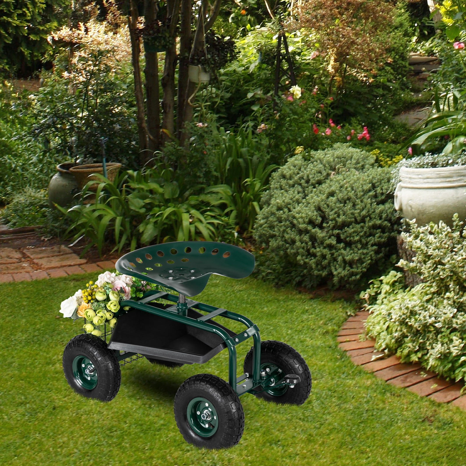 Versatile Rolling Garden Cart with Tool Tray and 360-Degree Swivel Seat ...