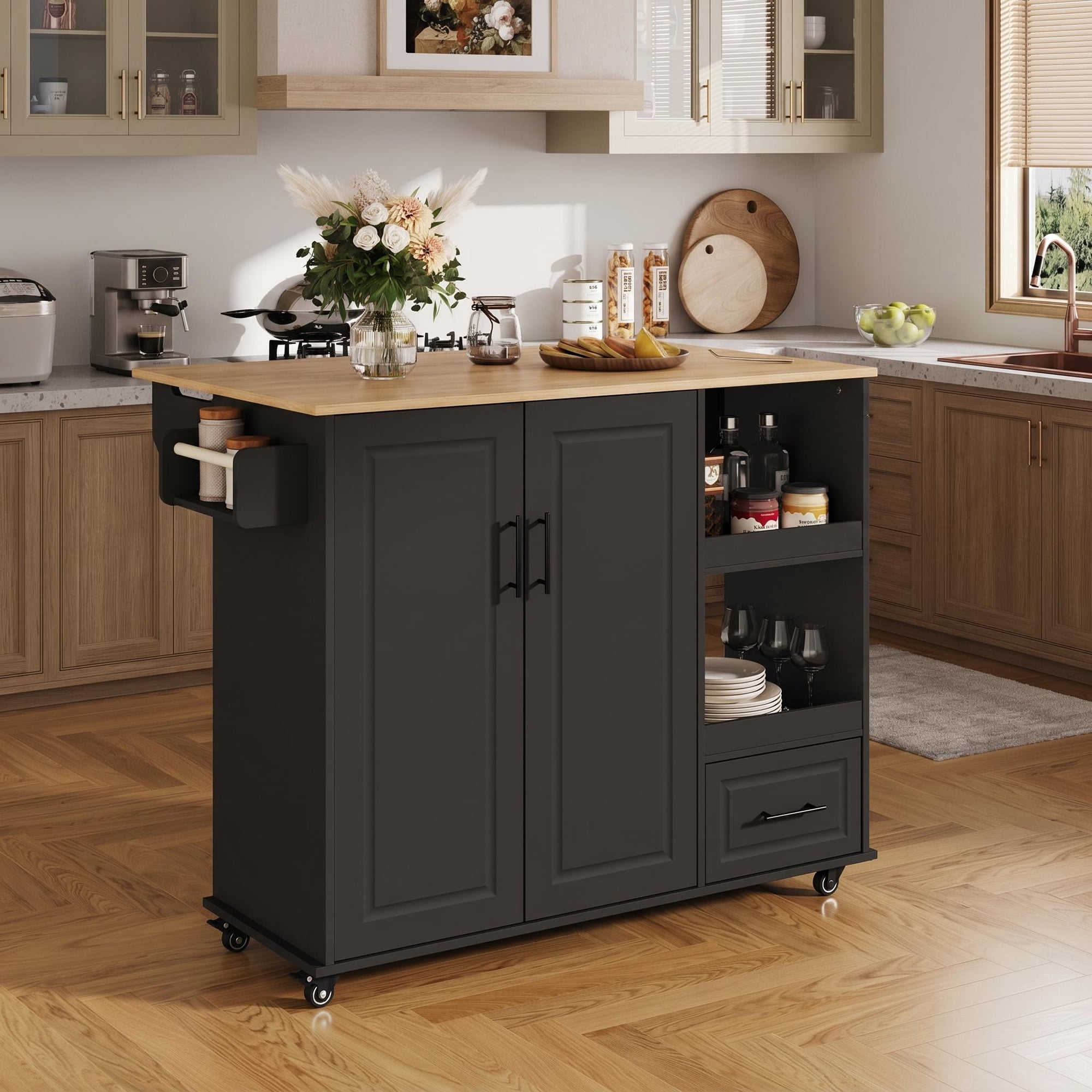 Versatile Rolling Kitchen Island Cart – 48'' Mobile Butcher Block Table ...