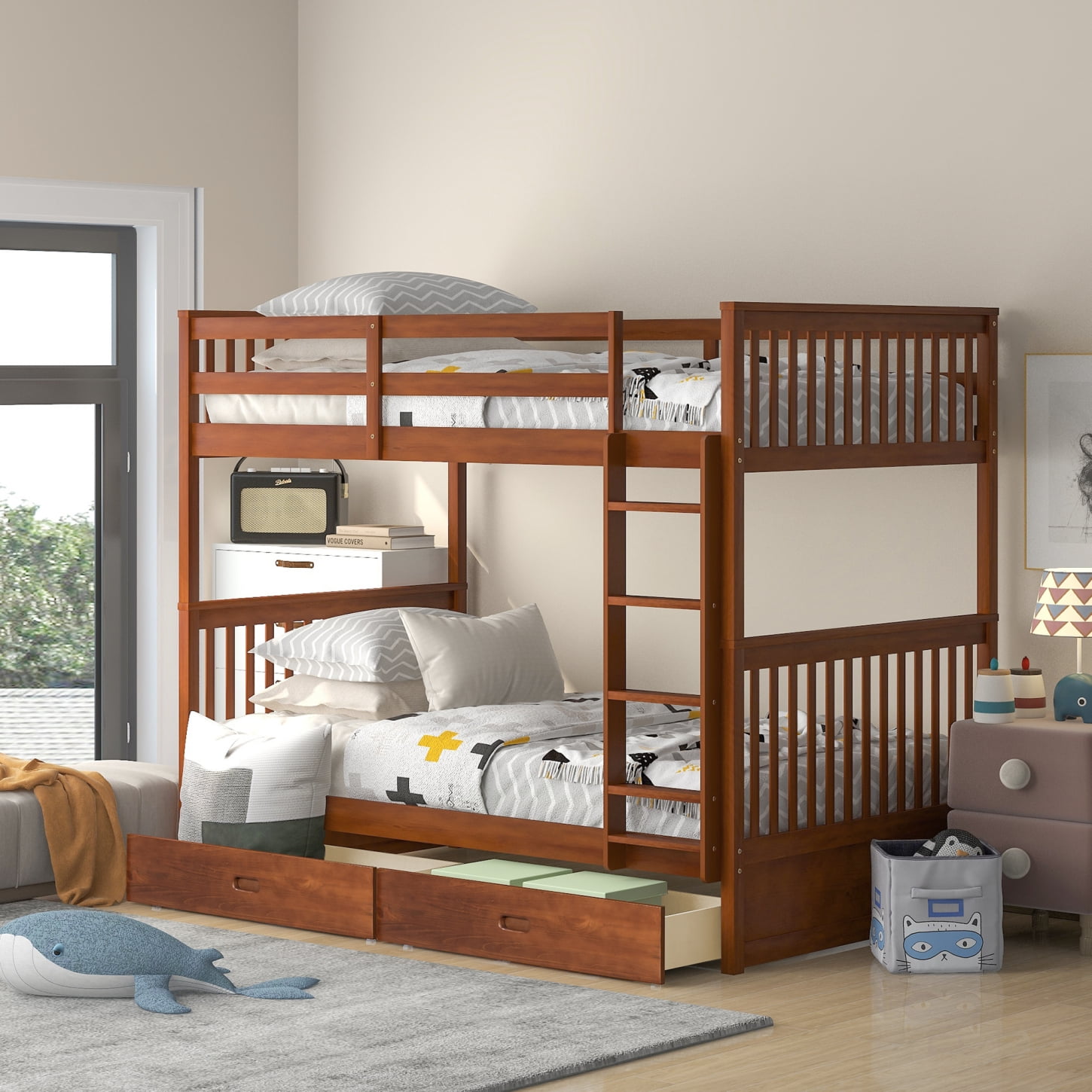 Versatile Walnut Twin-Over-Twin Bunk Bed with Ladders and Two Storage ...