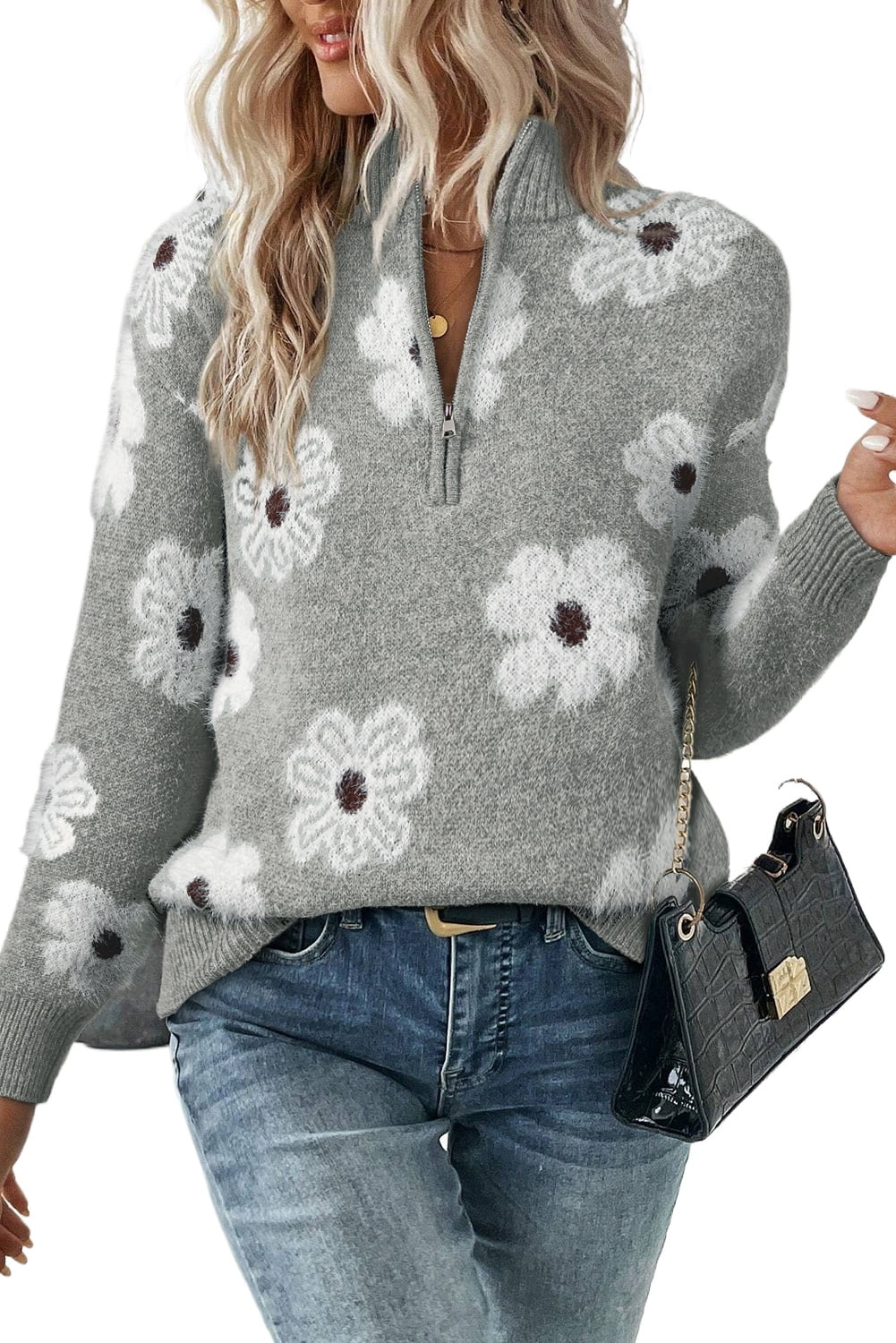 Elegant and Cozy Sweater for Spring, Autumn, and Winter - Gray Floral ...