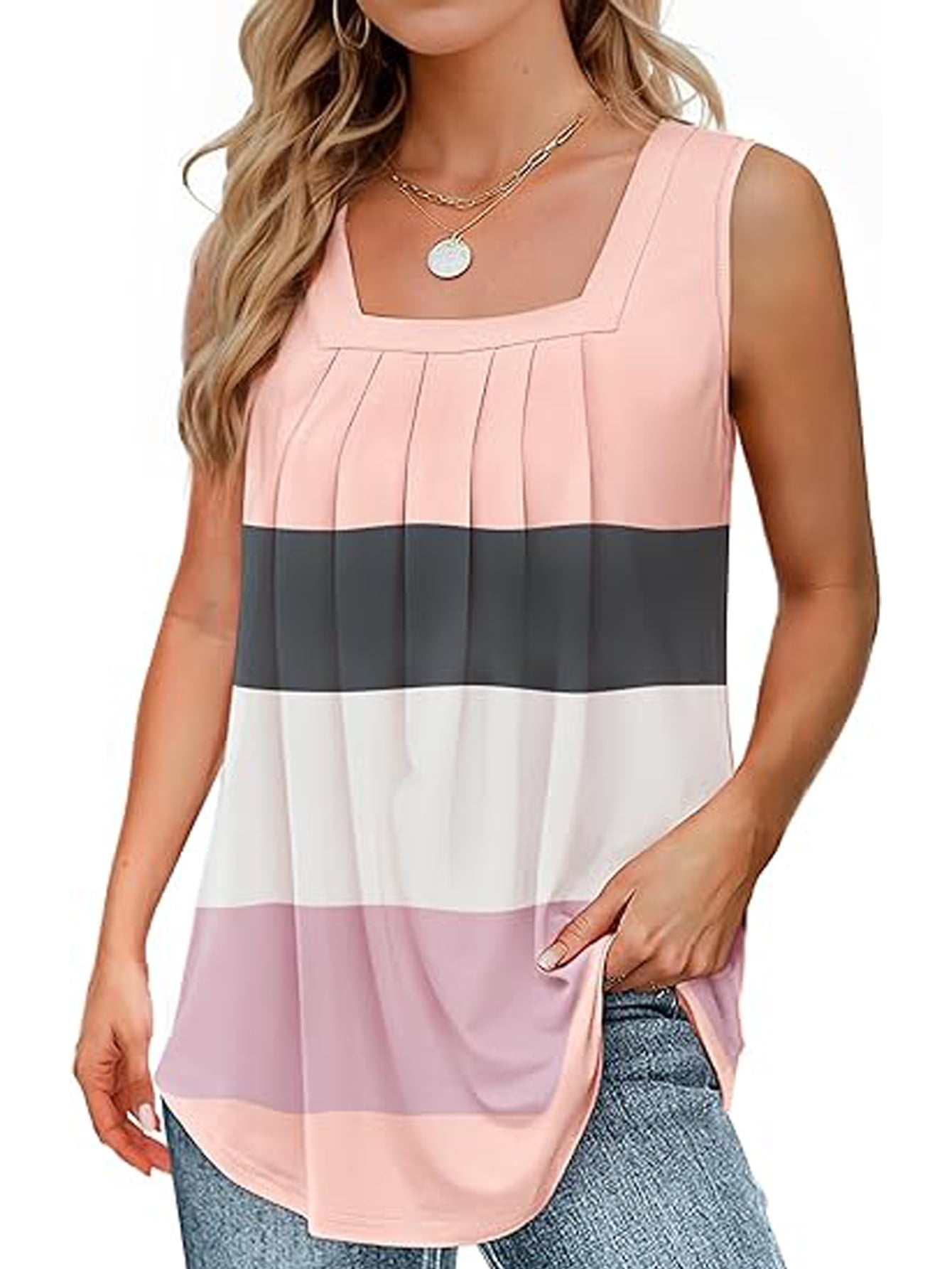Versatile, fashionable, square-neck gathered pleat swing tank top for ...