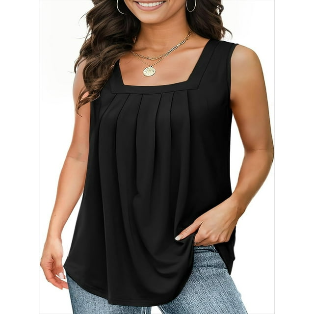 Versatile, fashionable, square-neck gathered pleat swing tank top for ...