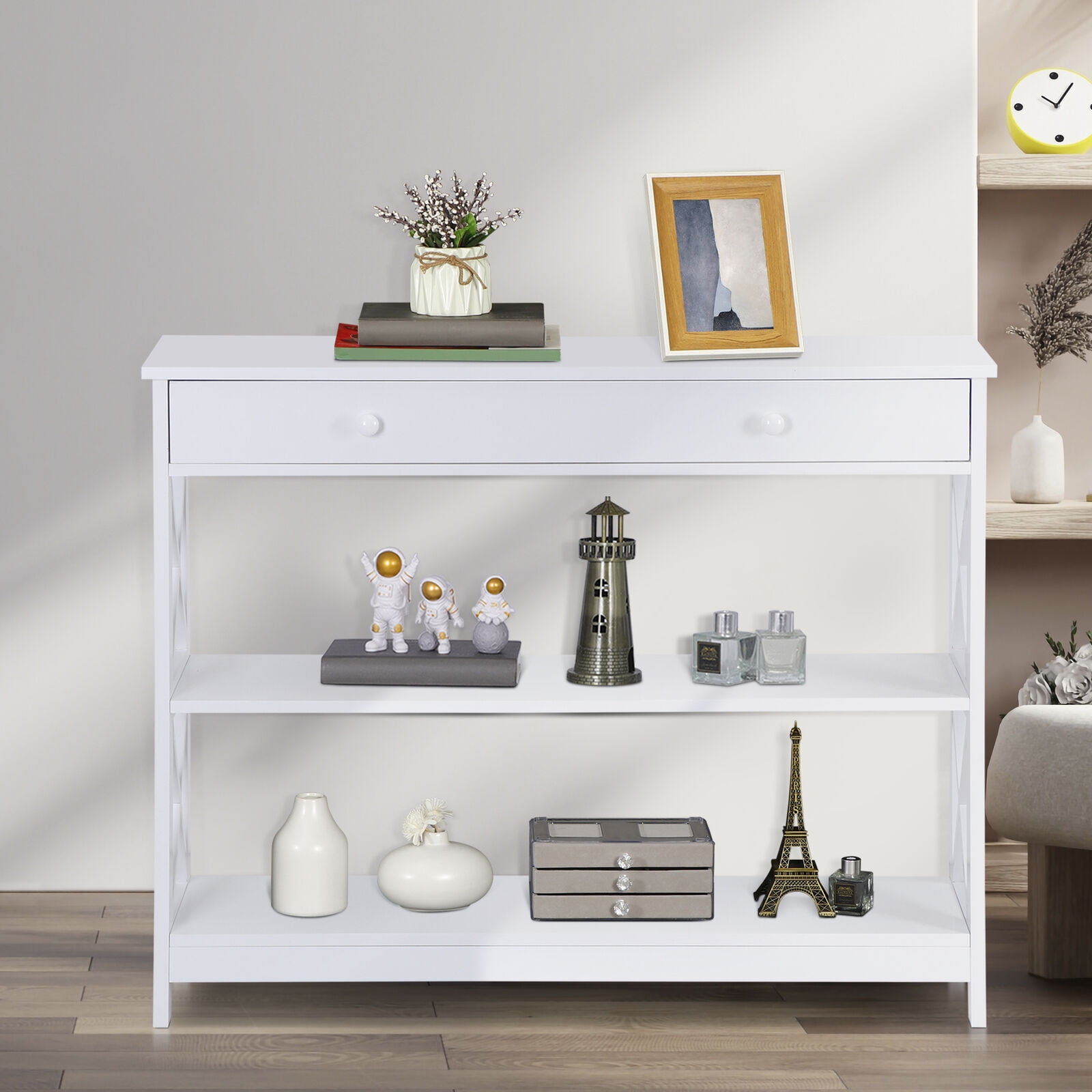 Versatile white 3-tier X-shaped entryway dresser with storage drawers ...