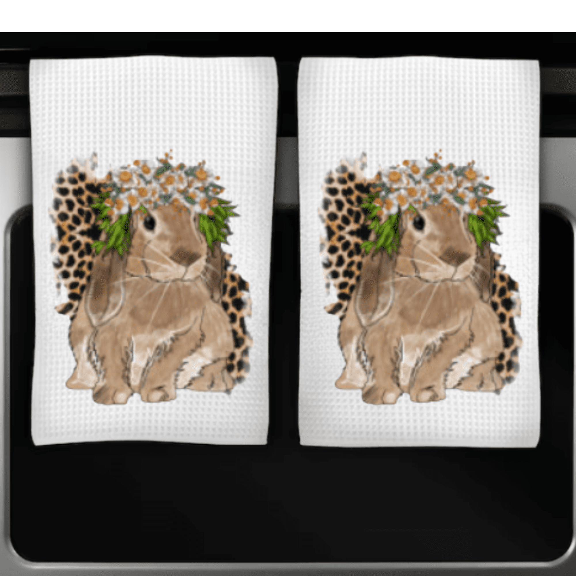 Versatility Bunny Dish Towel Set White 16x24 Floral Leopard Print ...