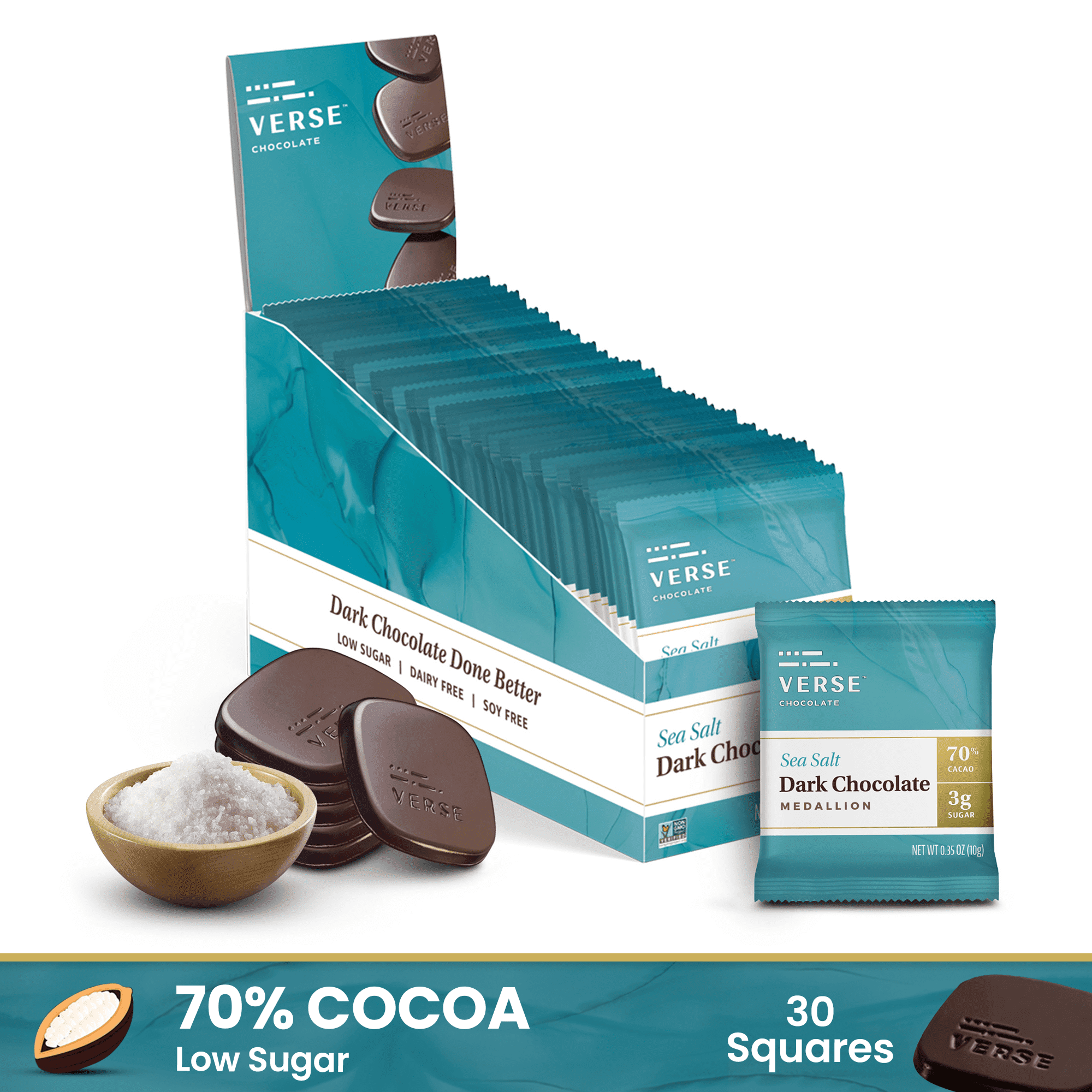 Verse Chocolate Dark Chocolate Sea Salt Squares, 70% Cocoa, 3g Cane ...