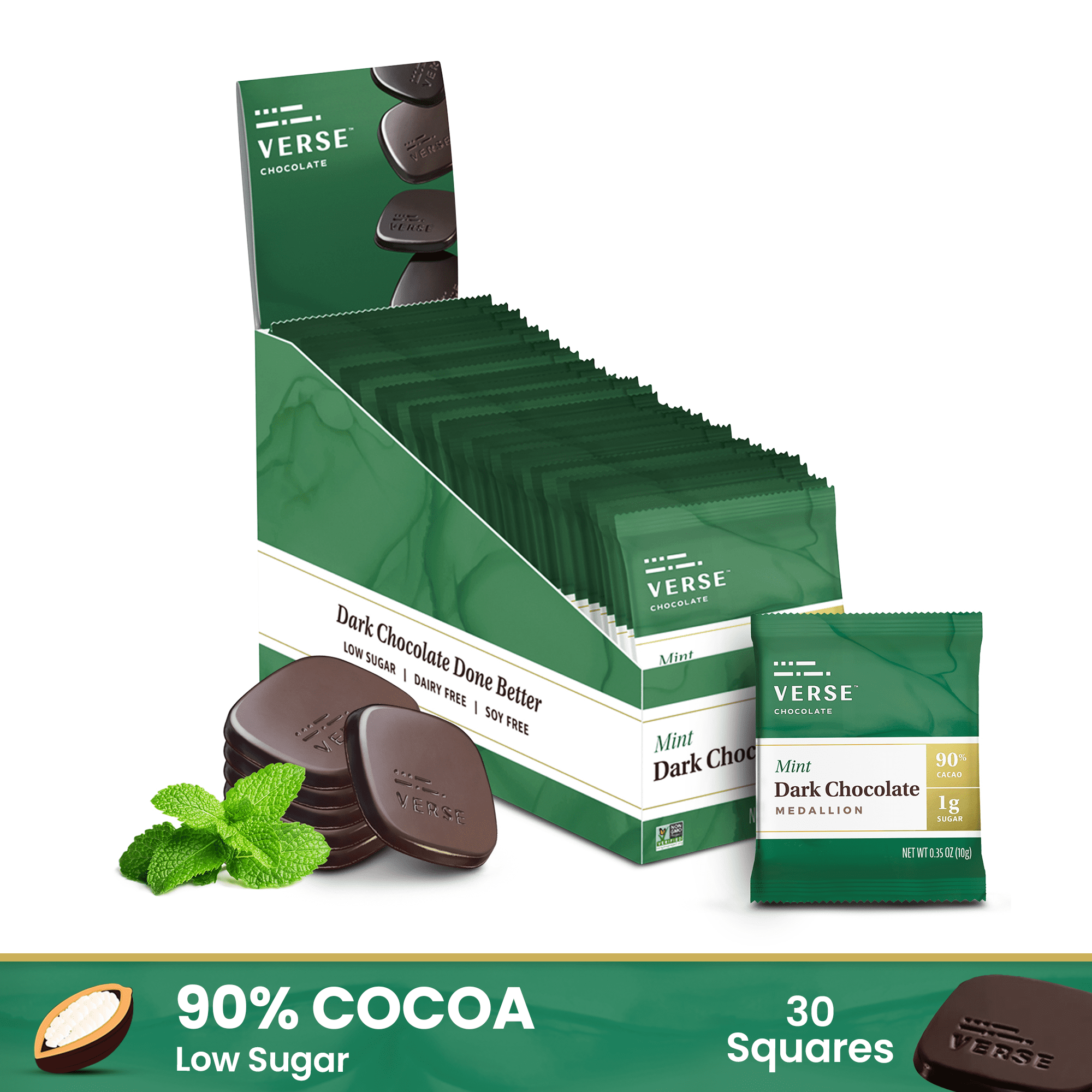 Verse Chocolate Mint 90% Dark Chocolate Squares, 1g Cane Sugar ...