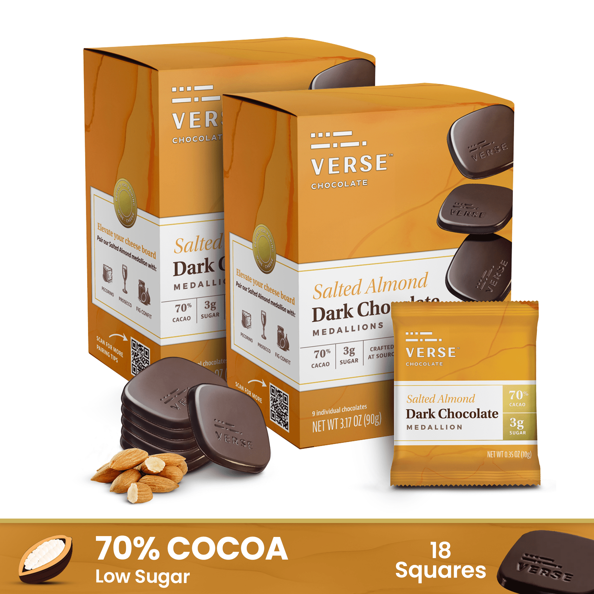 Verse Chocolate 70% Dark Chocolate with Salted Almonds, 3g Cane Sugar ...