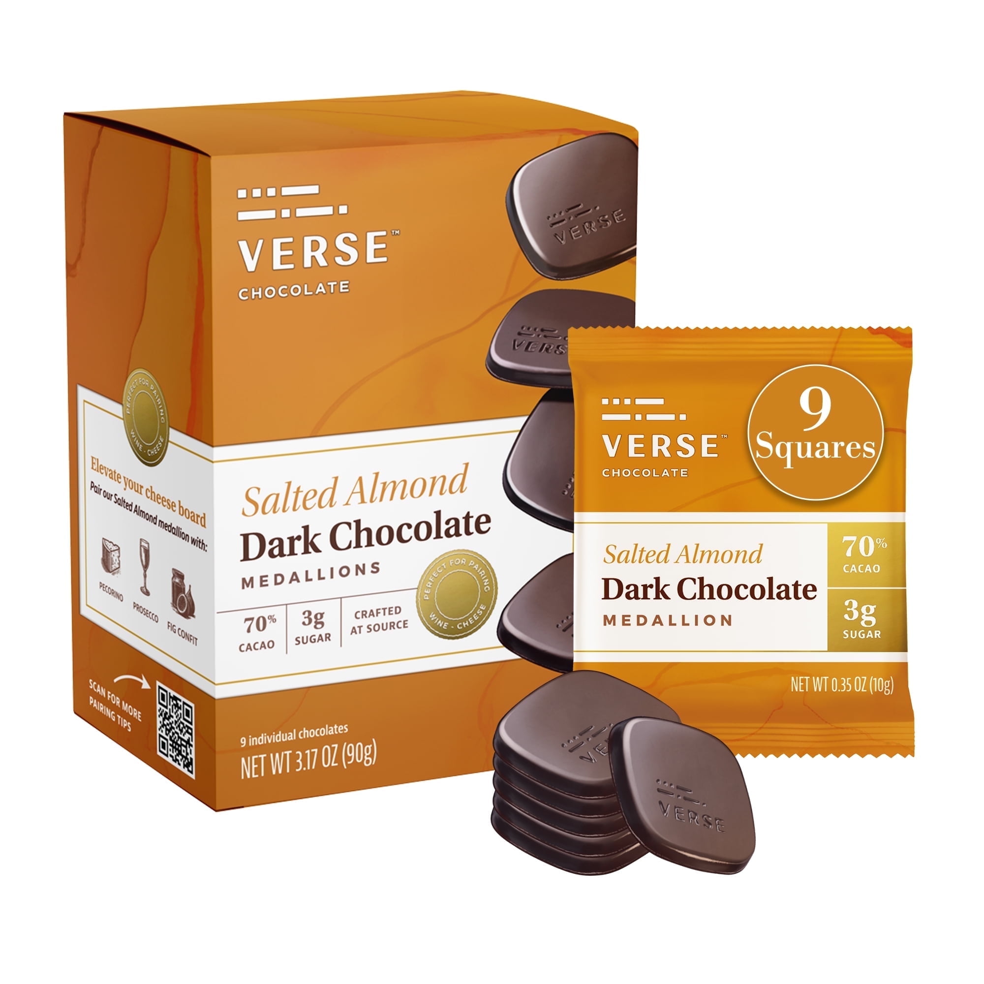 Verse Chocolate 70% Dark Chocolate with Salted Almonds, 3g Cane Sugar ...