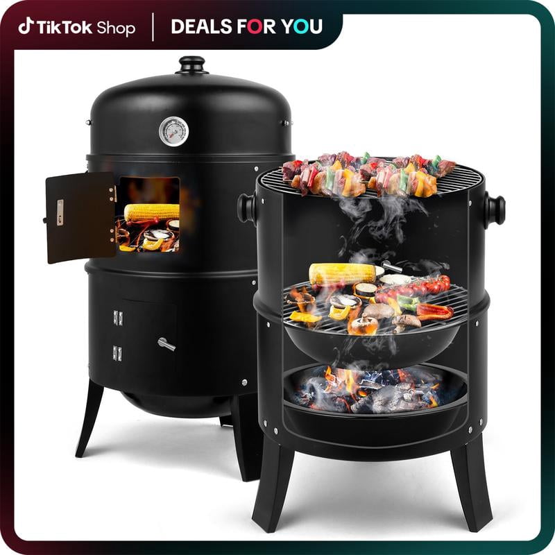 Vertical 17 Inch Charcoal BBQ Smoker, 3-in-1 Portable Outdoor Grill ...