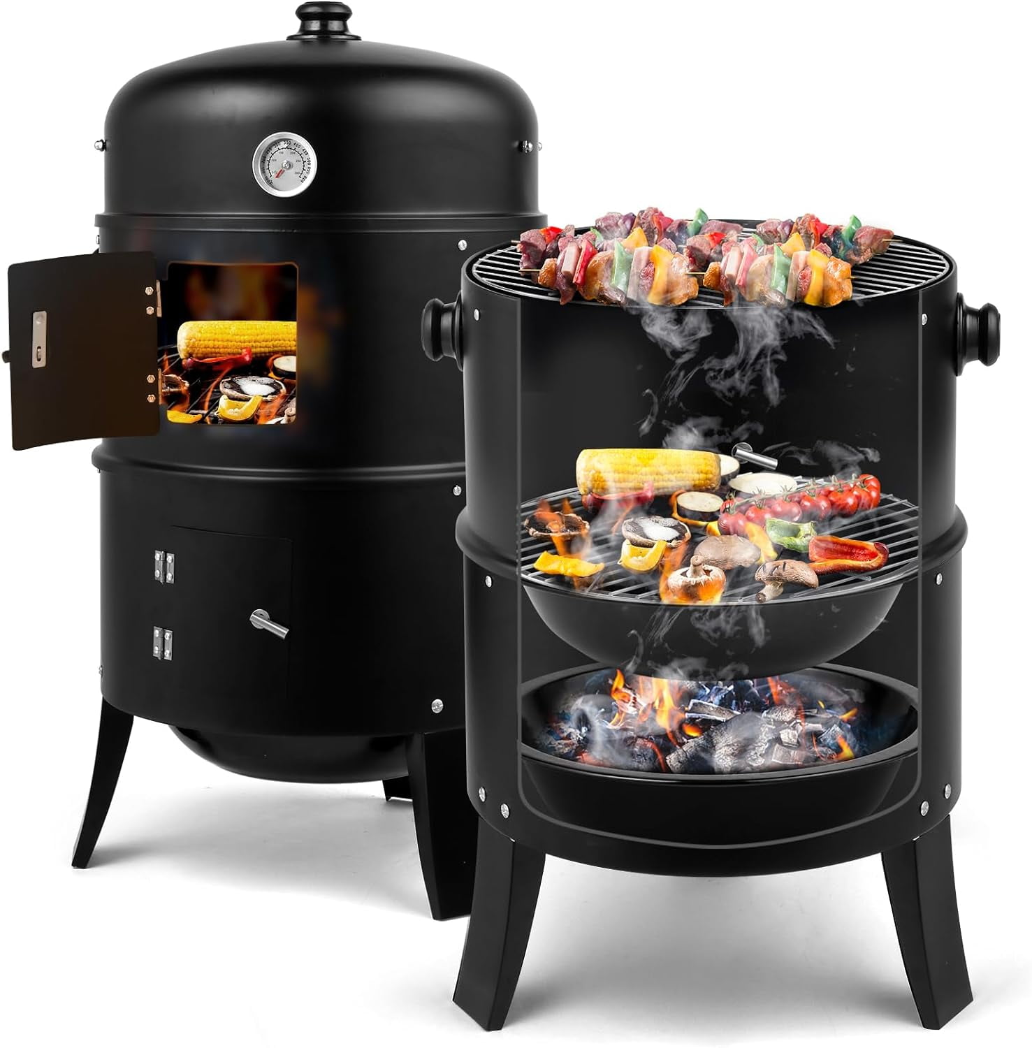 g Vertical 17 Inch Charcoal BBQ Smoker, 3-in-1 Portable Outdoor Grill ...