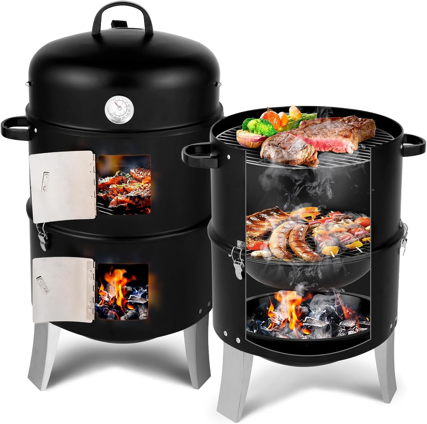 Vertical 18.5 Inch Steel Charcoal Smoker, Heavy Duty 3-in-1 Portable ...