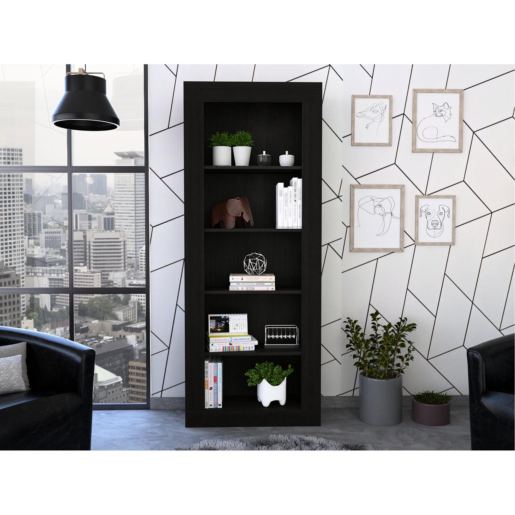 Vertical Bookcase with Five Shelves in Black | Store Various Things in ...
