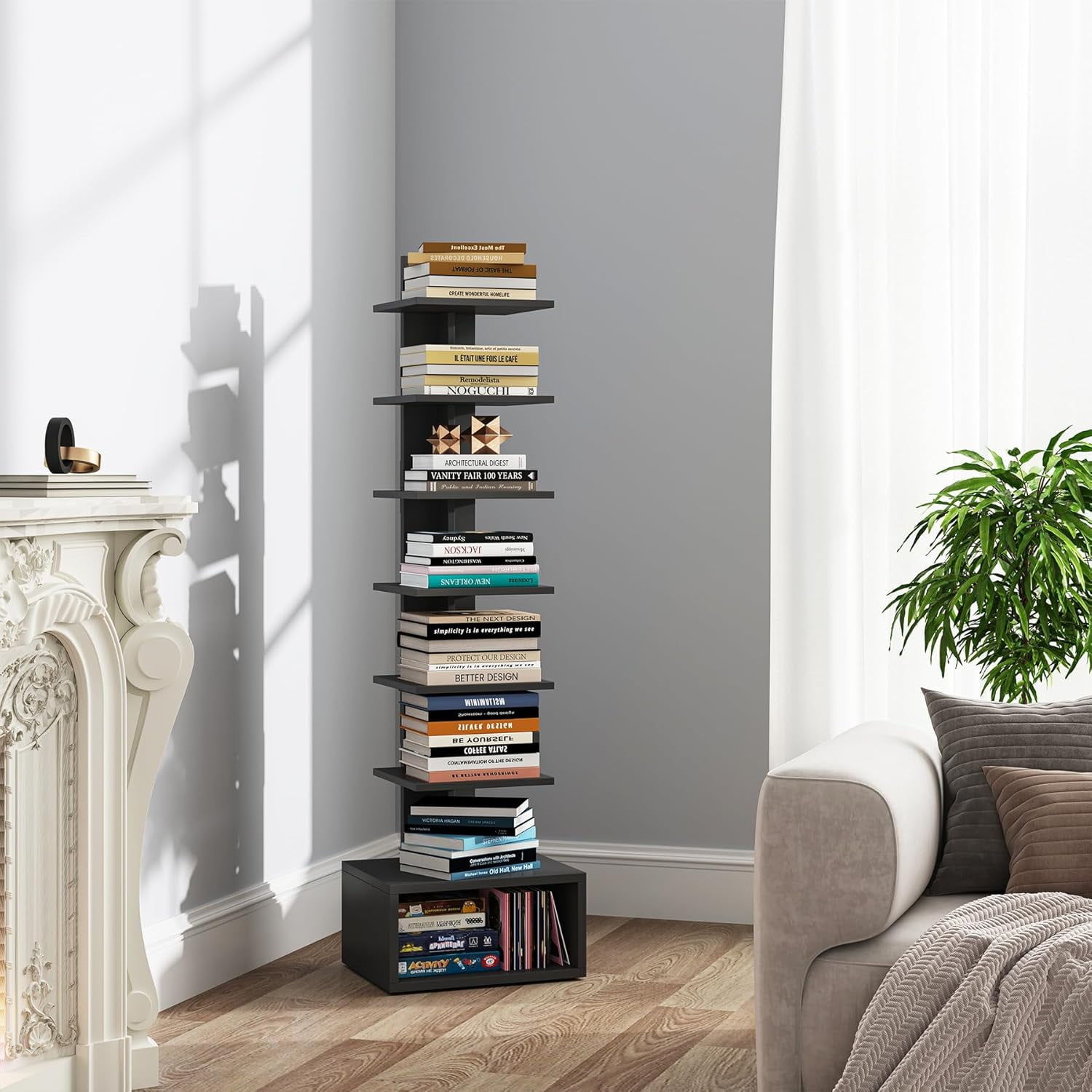 Vertical Bookshelf, 8-Tier Bookcase, Narrow Spine Book Shelf for Small ...