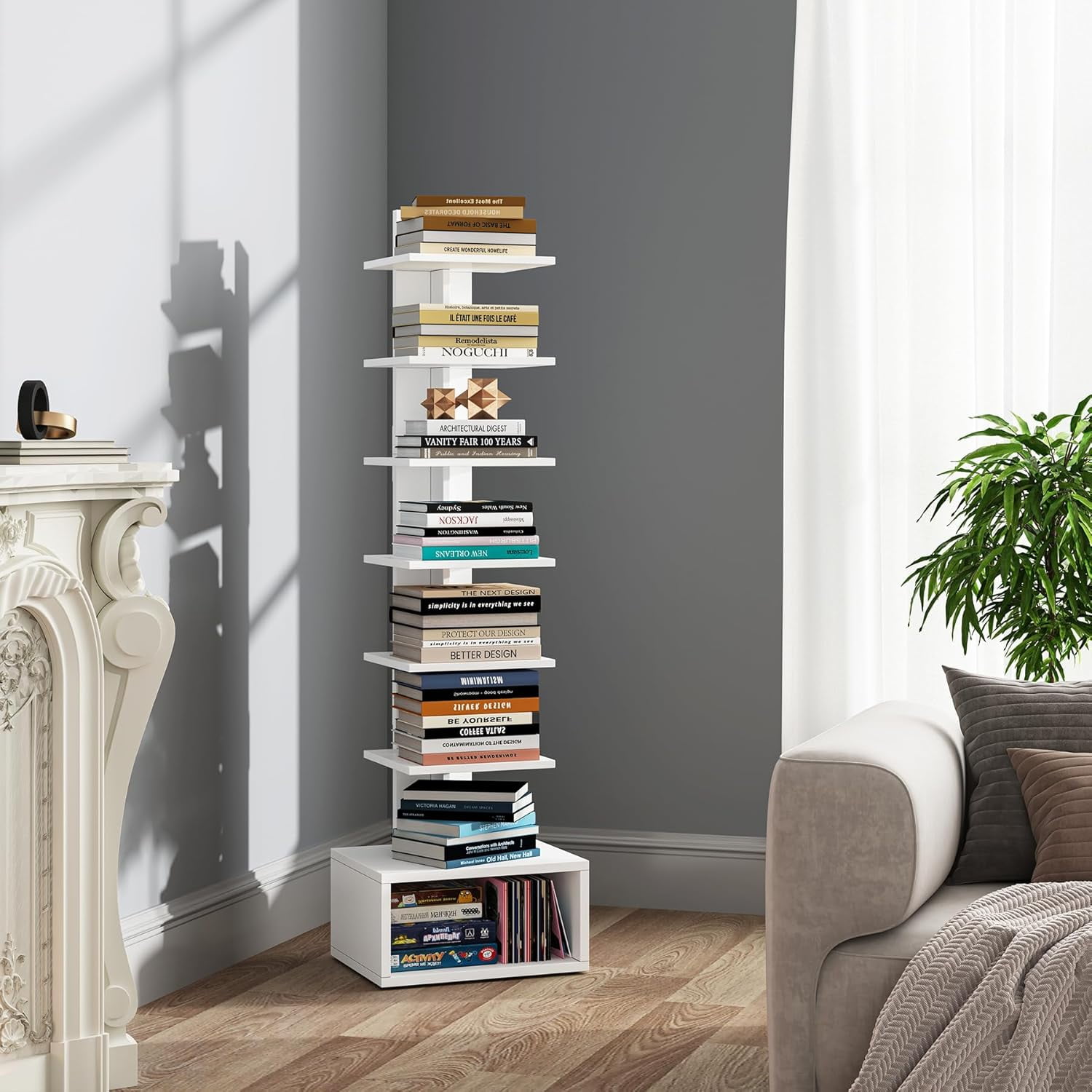 Vertical Bookshelf, 8-Tier Bookcase, Narrow Spine Book Shelf for Small ...