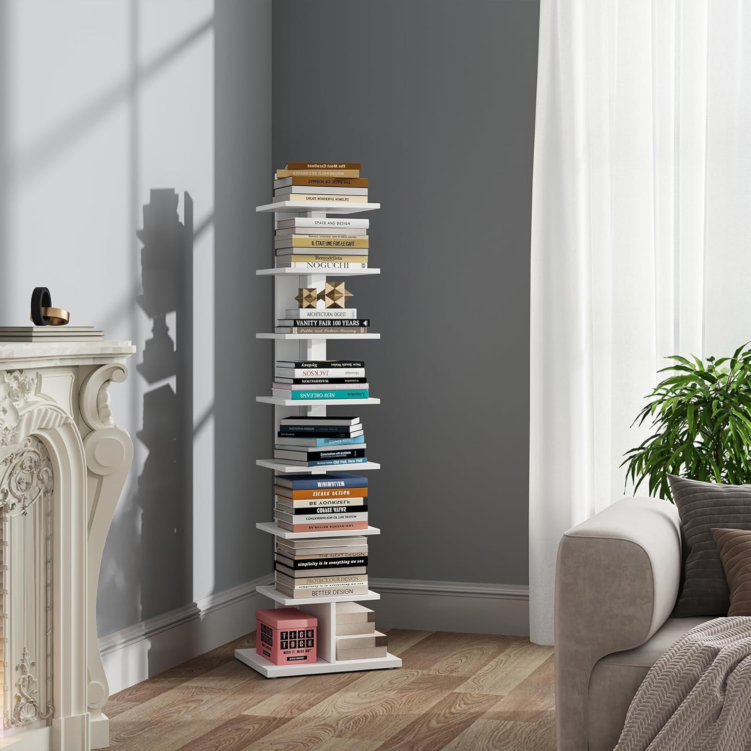 Vertical Bookshelf, 8-Tier Bookcase, Narrow Spine Book Shelf for Small ...