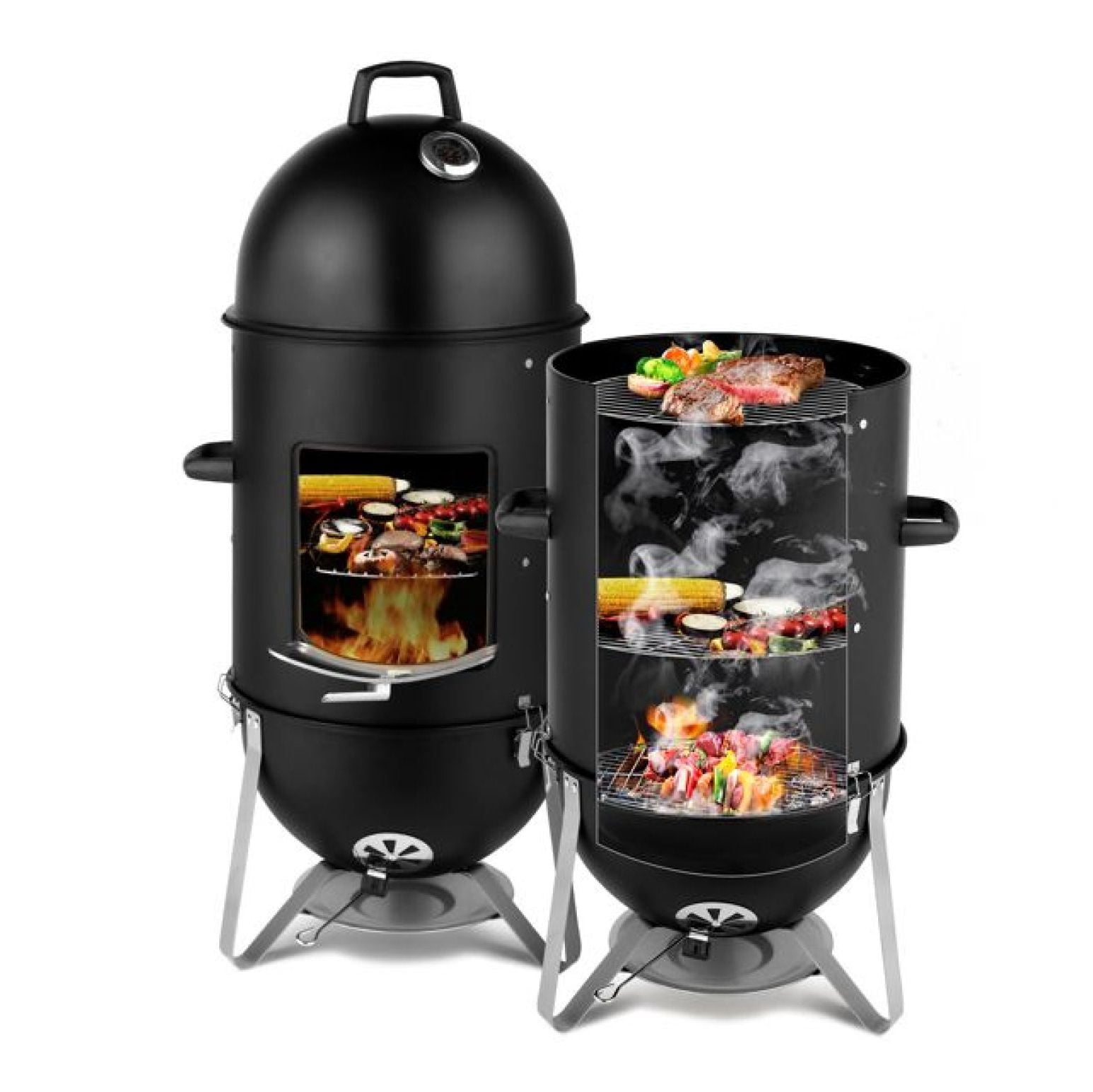 Vertical Charcoal Smoker, 3-Layer BBQ Grill - Heavy Duty Steel Round ...