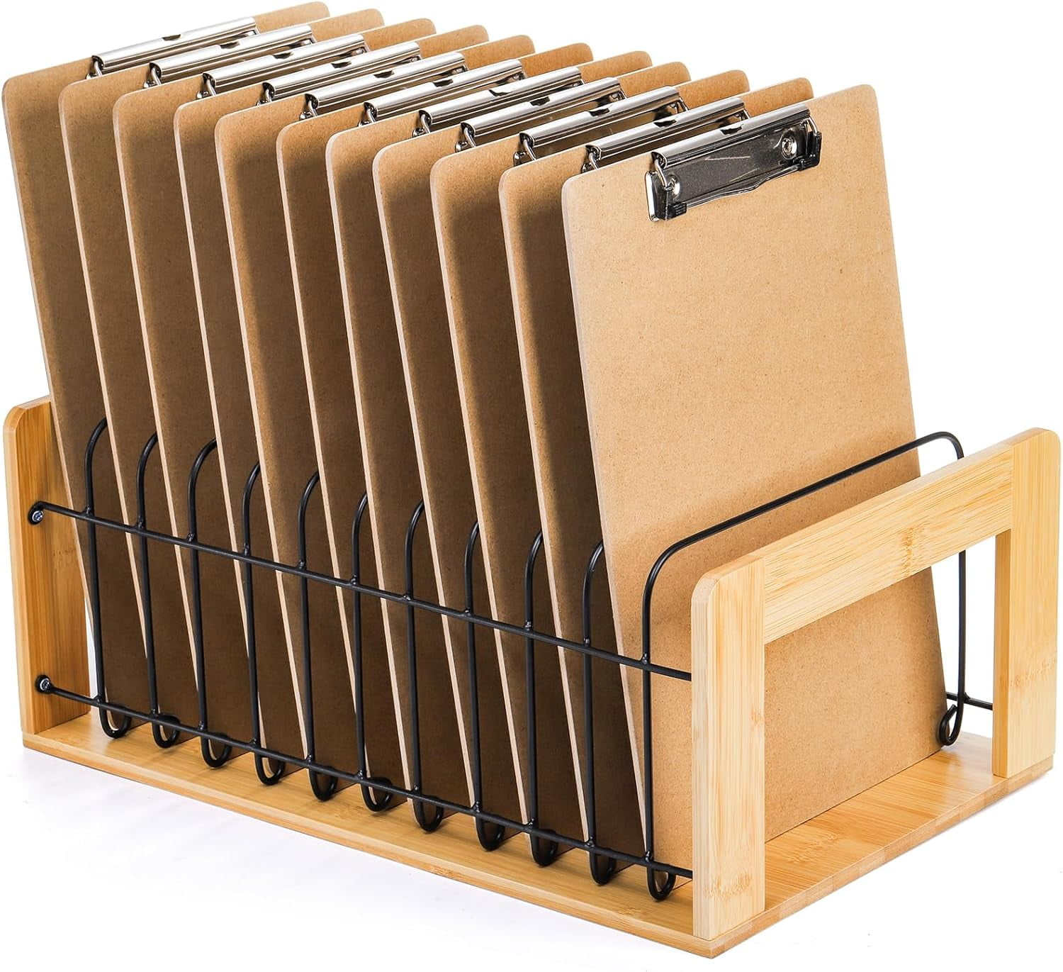 12 Slot Bamboo and Metal Clipboard Stand, Desk File Organizer Storage ...