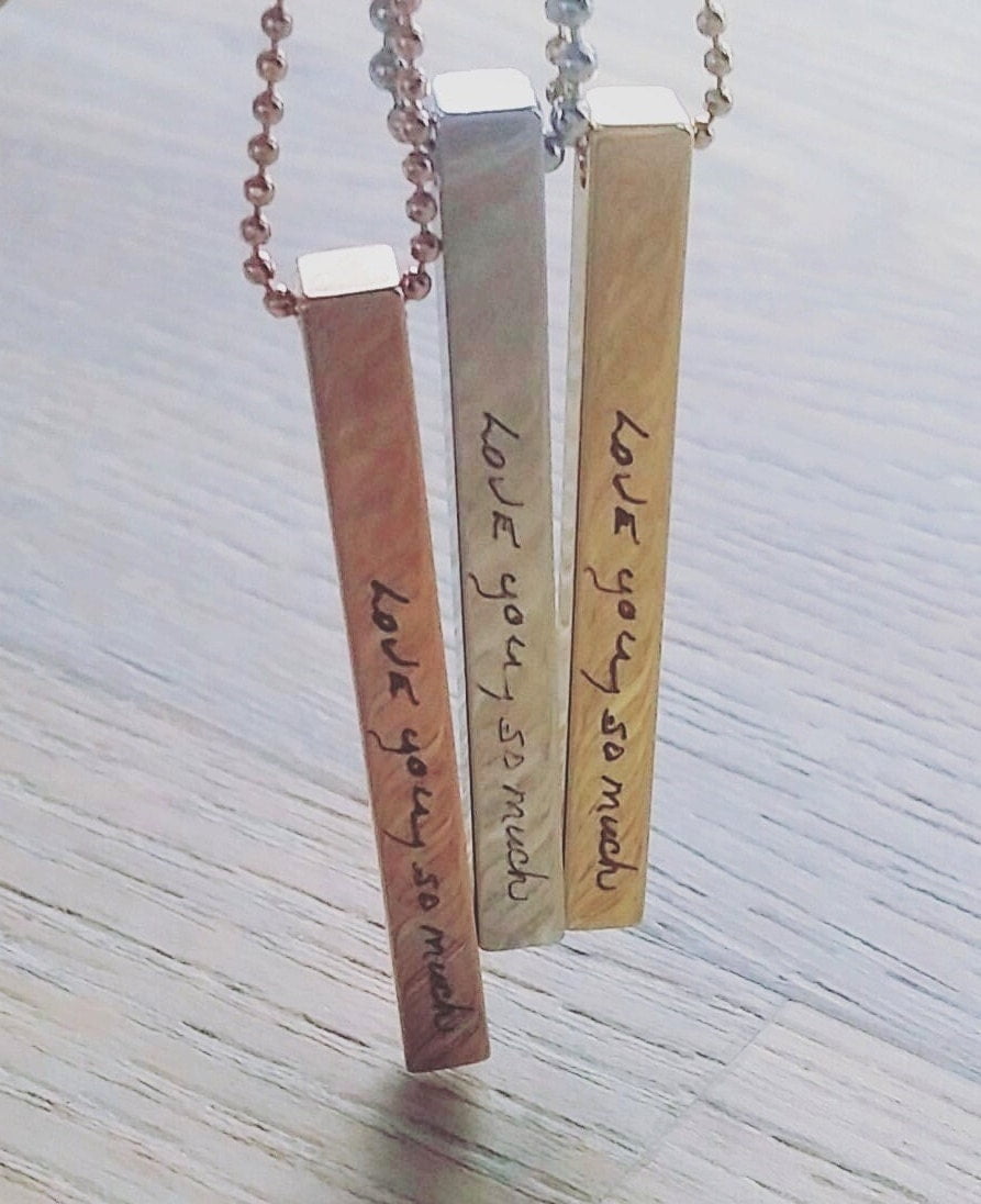 Vertical Custom handwriting necklace, 4 side engraved bar necklace ...