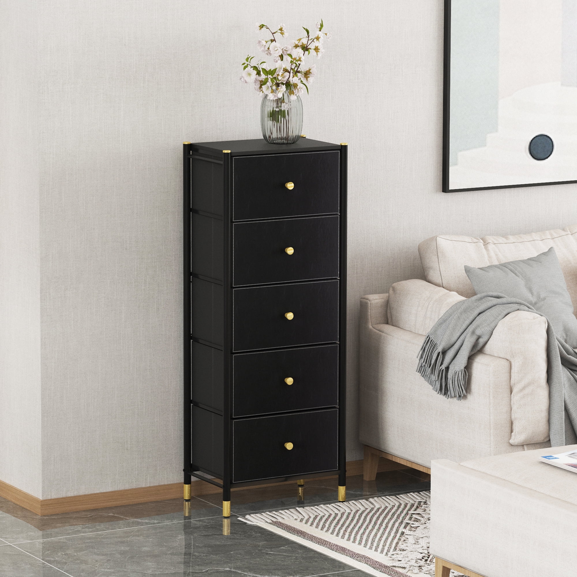 Vertical Dressers for Bedroom with 5 Deep PU Leather Drawers, Drawer ...