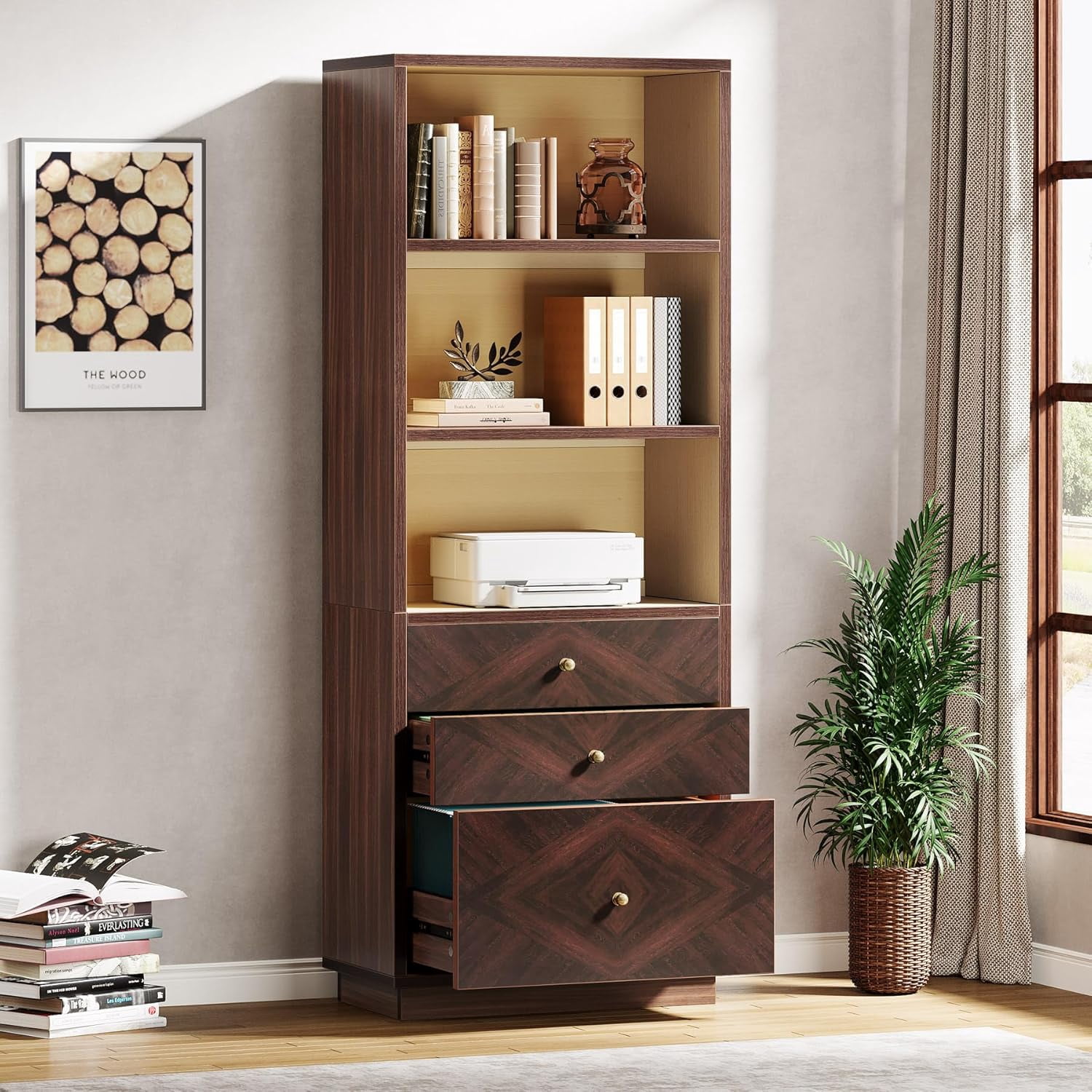Vertical File Cabinet, 66-Inch Narrow Tall Filing Cabinet with Open ...