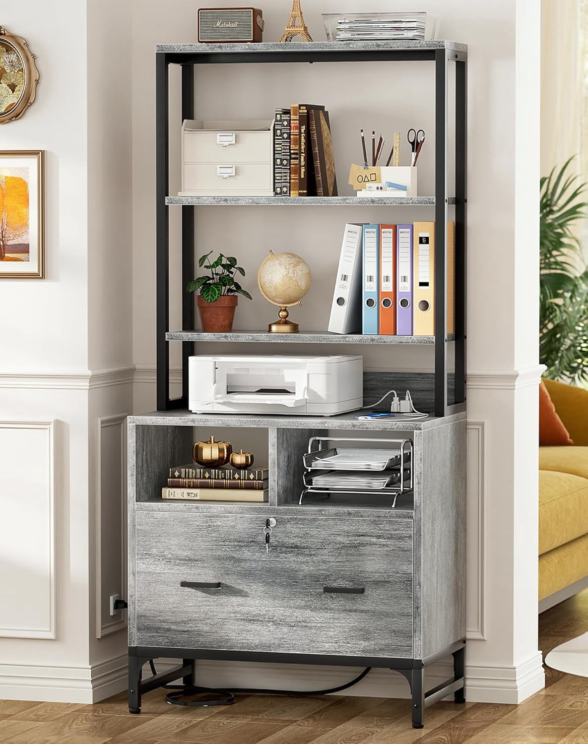 Vertical File Cabinet, Bookshelf Filing Cabinet with Charging Station ...