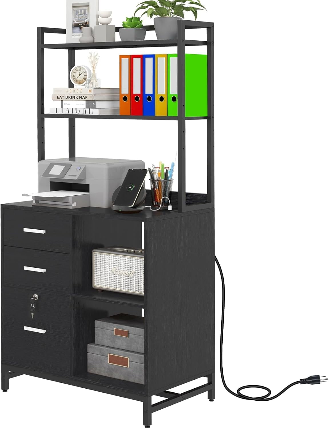 Vertical File Cabinet with Charging Station, 3 Drawer Filing Cabinet ...