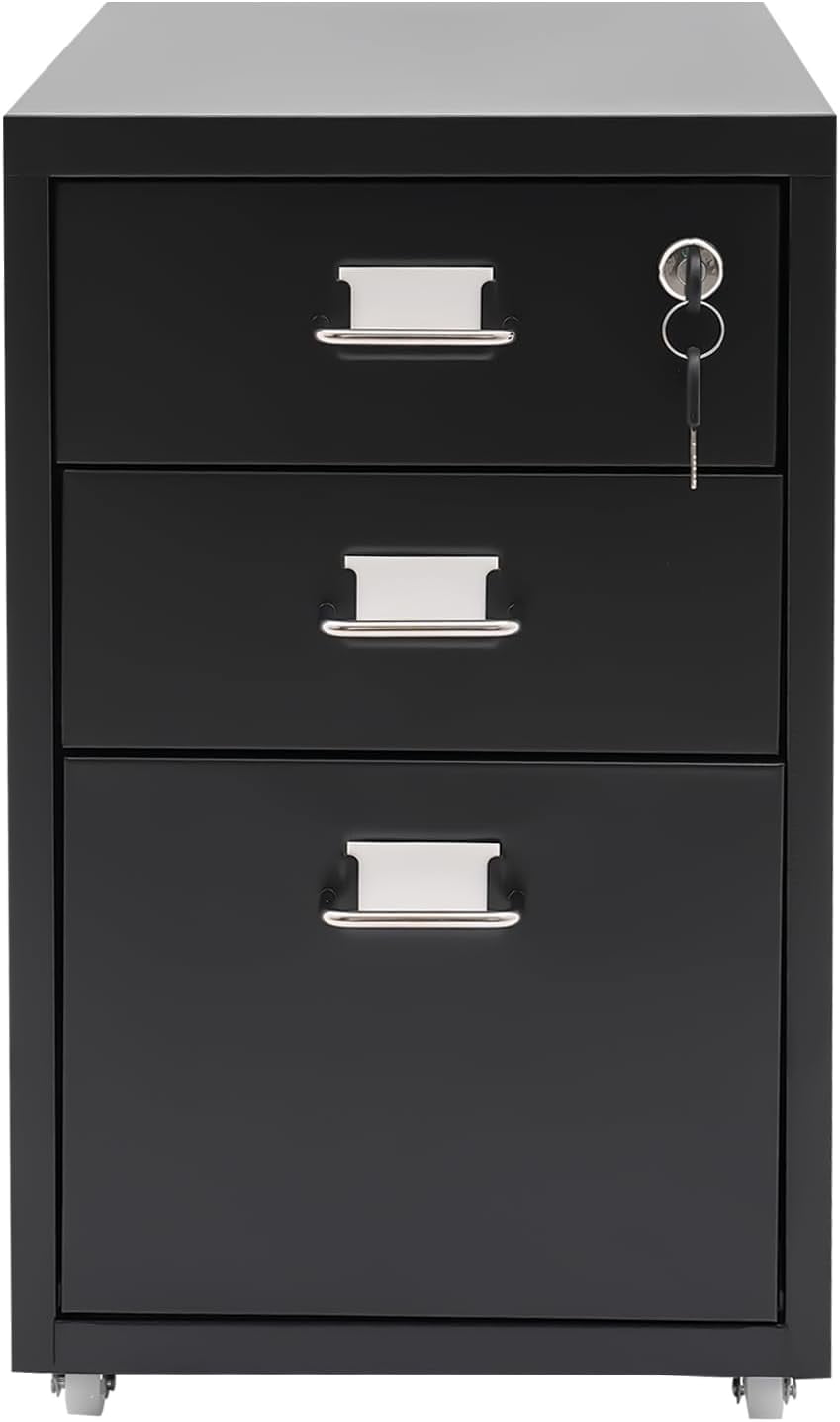 Vertical File Cabinet with Lock and Curved Handle, Metal Mobile Filing ...