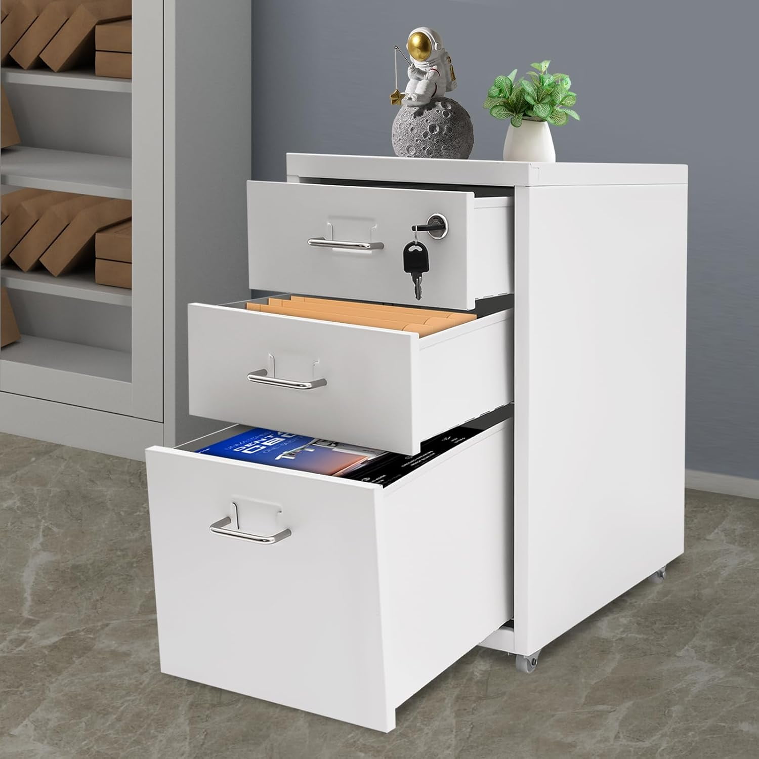 Vertical File Cabinet with Lock, White Under Desk Mobile Filing, Steel ...