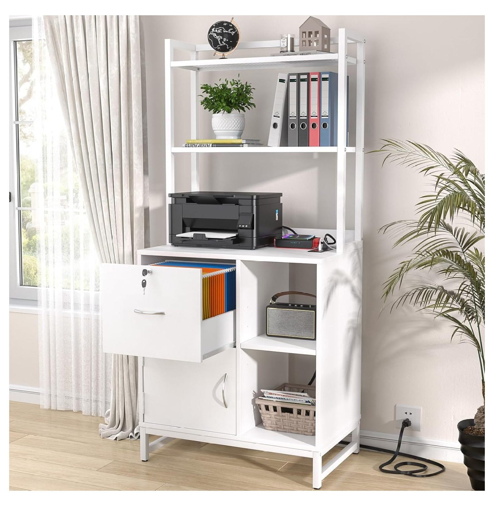 Vertical Filing Cabinet with Lock & Charging Station, Large Drawer Wood ...