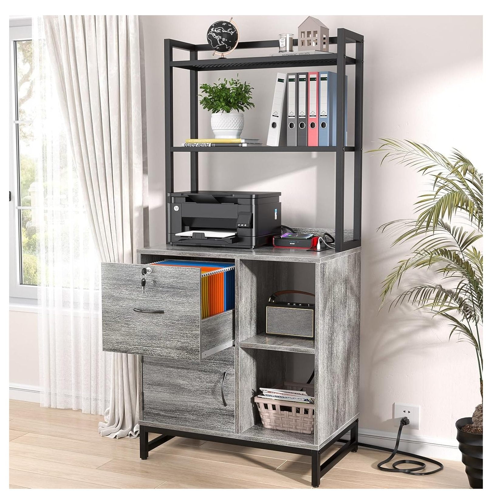 Vertical Filing Cabinet with Lock & Charging Station, Large Drawer Wood File Cabinet with ...