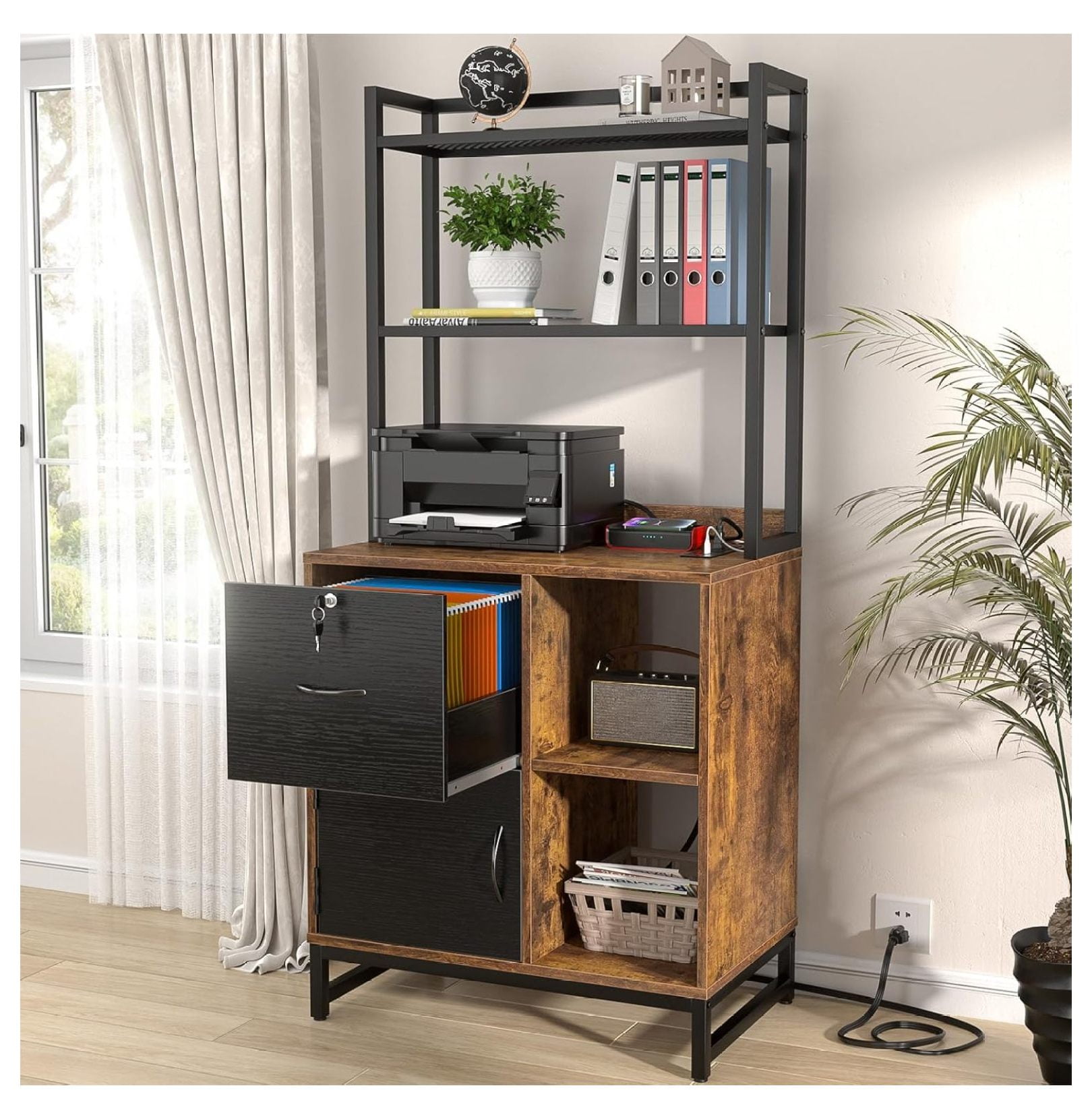 Vertical Filing Cabinet with Lock & Charging Station, Large Drawer Wood ...